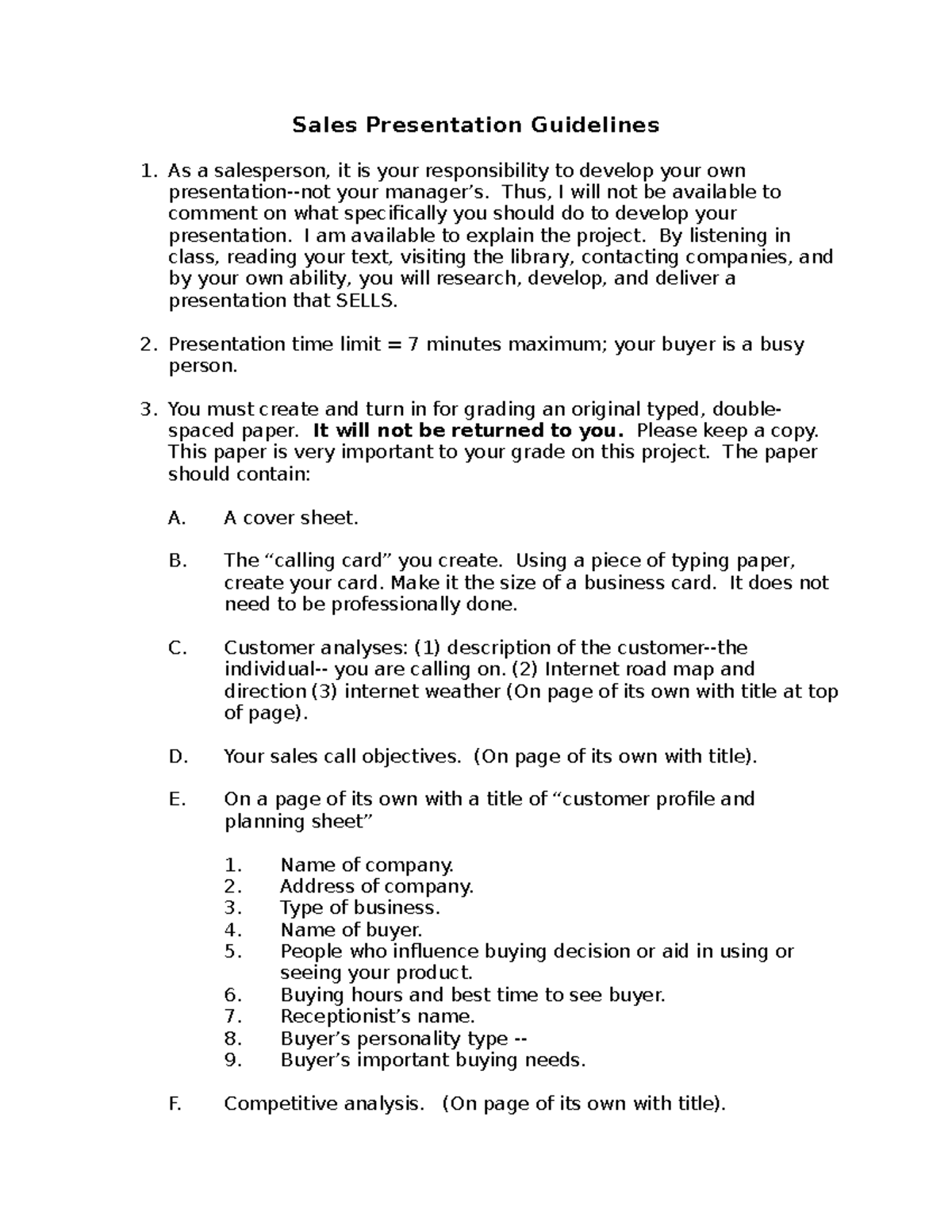 Sales Presentation Guidelines - Thus, I will not be available to ...