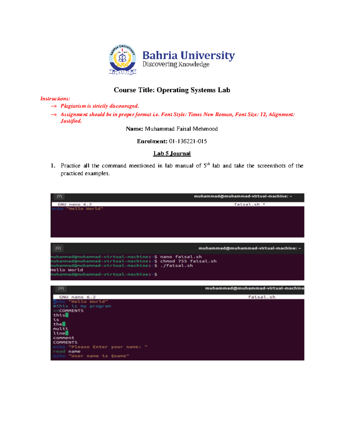 Lab 5 journal 25102023 100836 am - Operating systems - Course Title: Operating Systems Lab - Studocu
