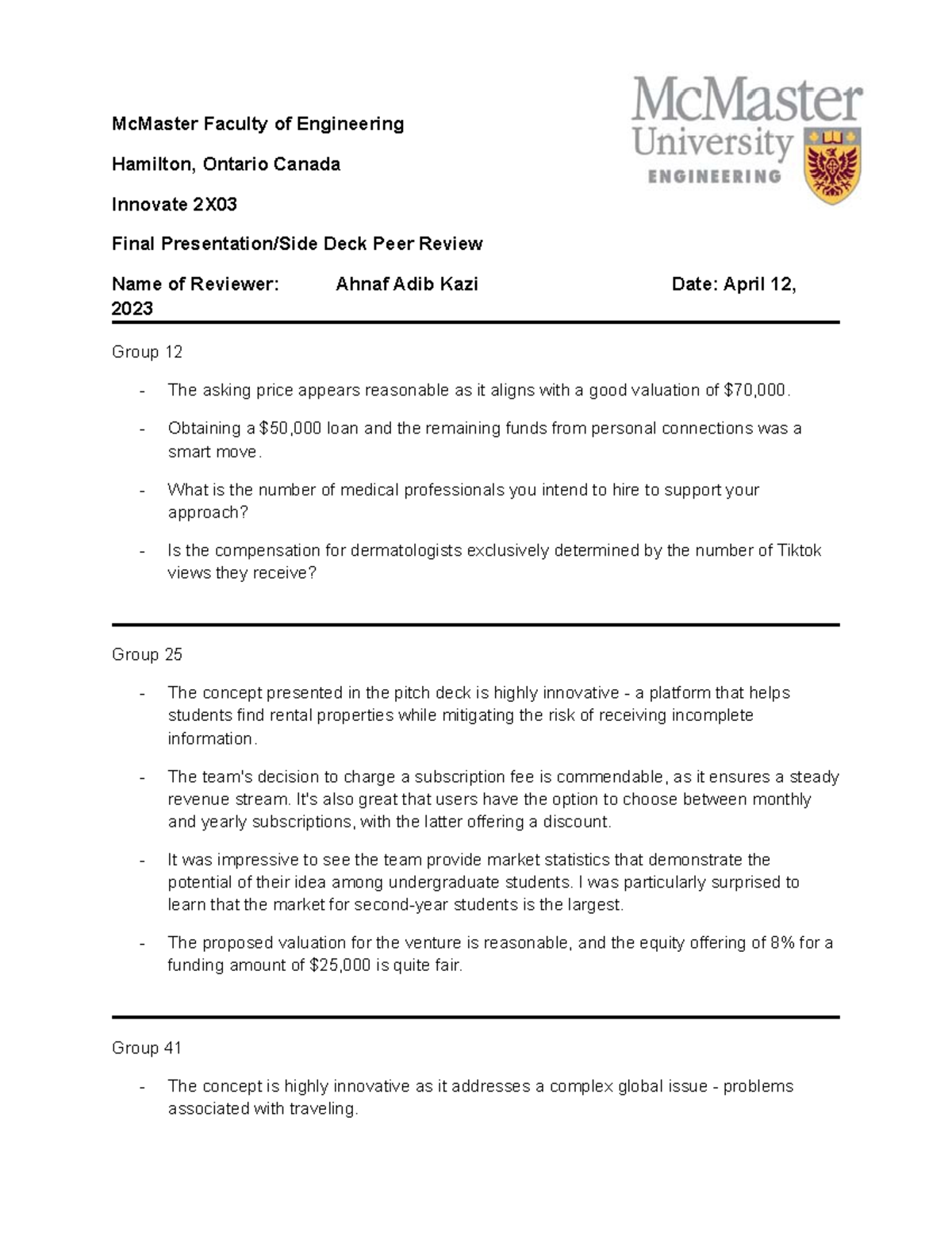 2X03 Presentation Peer Review - McMaster Faculty of Engineering ...