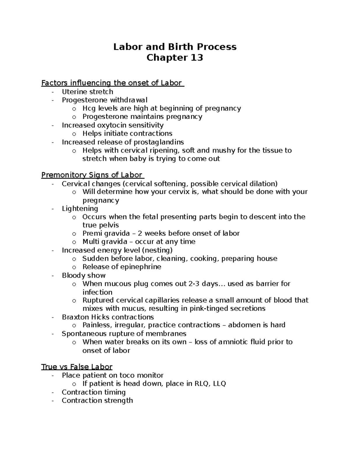 Notes - T1 . Labor and Birth Process - Labor and Birth Process Chapter ...
