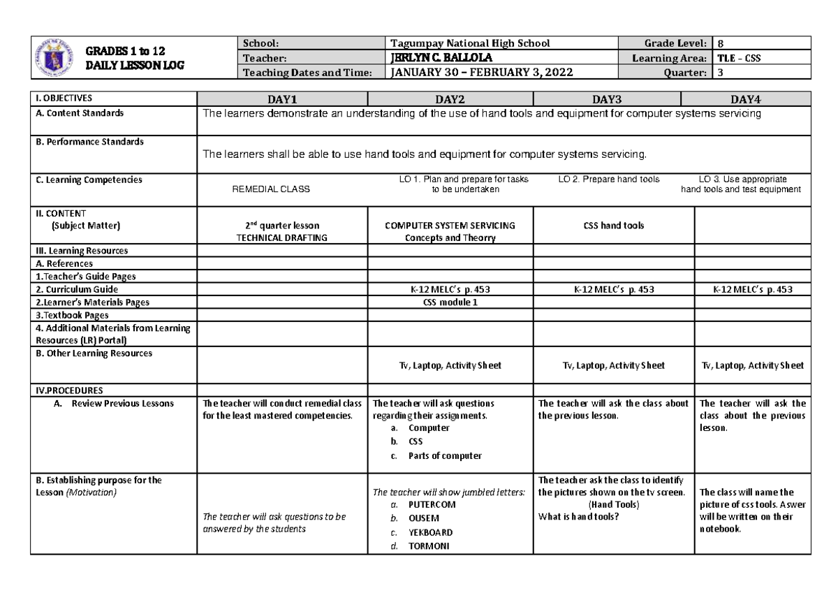 Dll-Week1 - English 8-week 1 - GRADES 1 to 12 DAILY LESSON LOG School ...