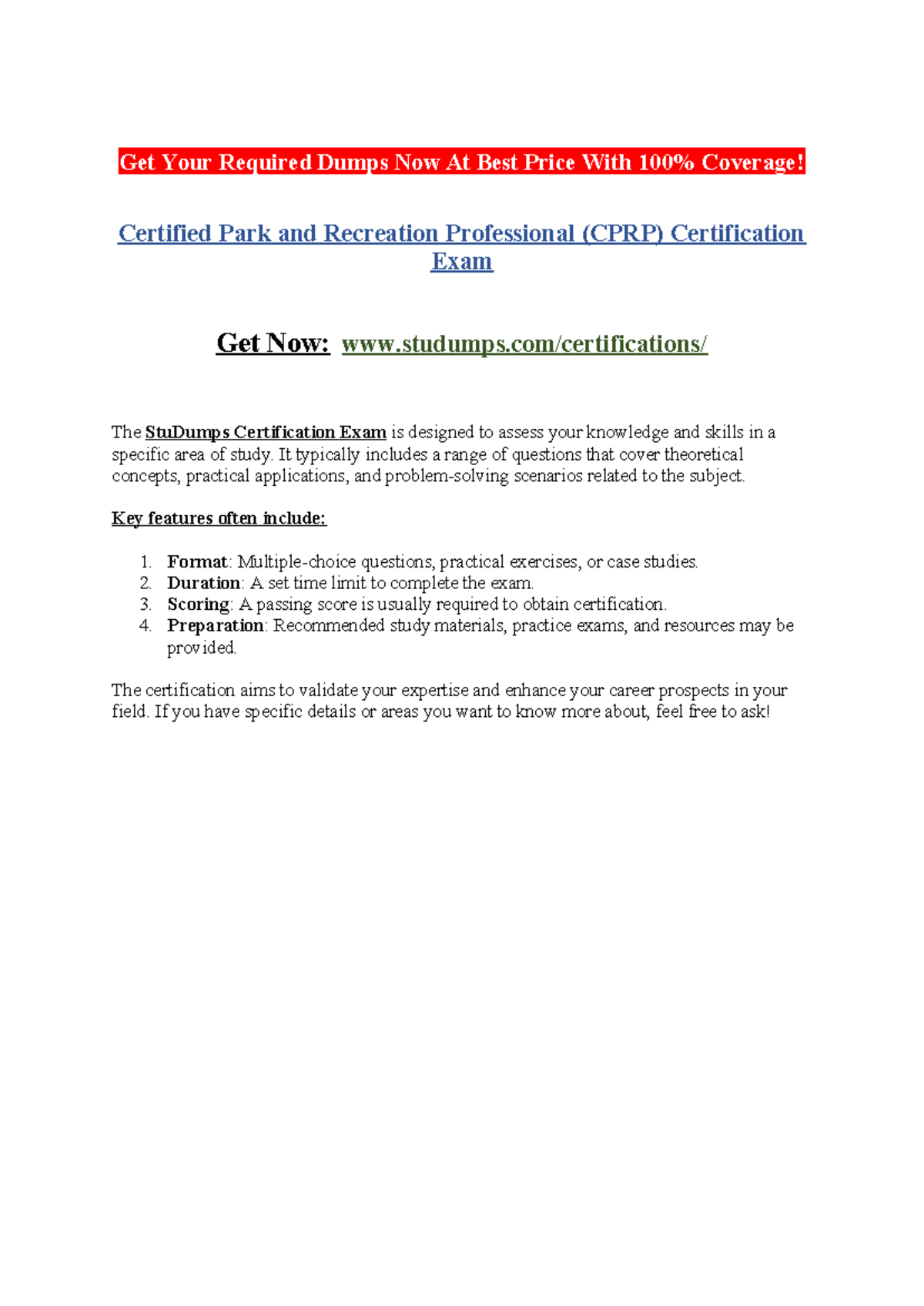 Certified Park and Recreation Professional (CPRP) Certification Exam ...