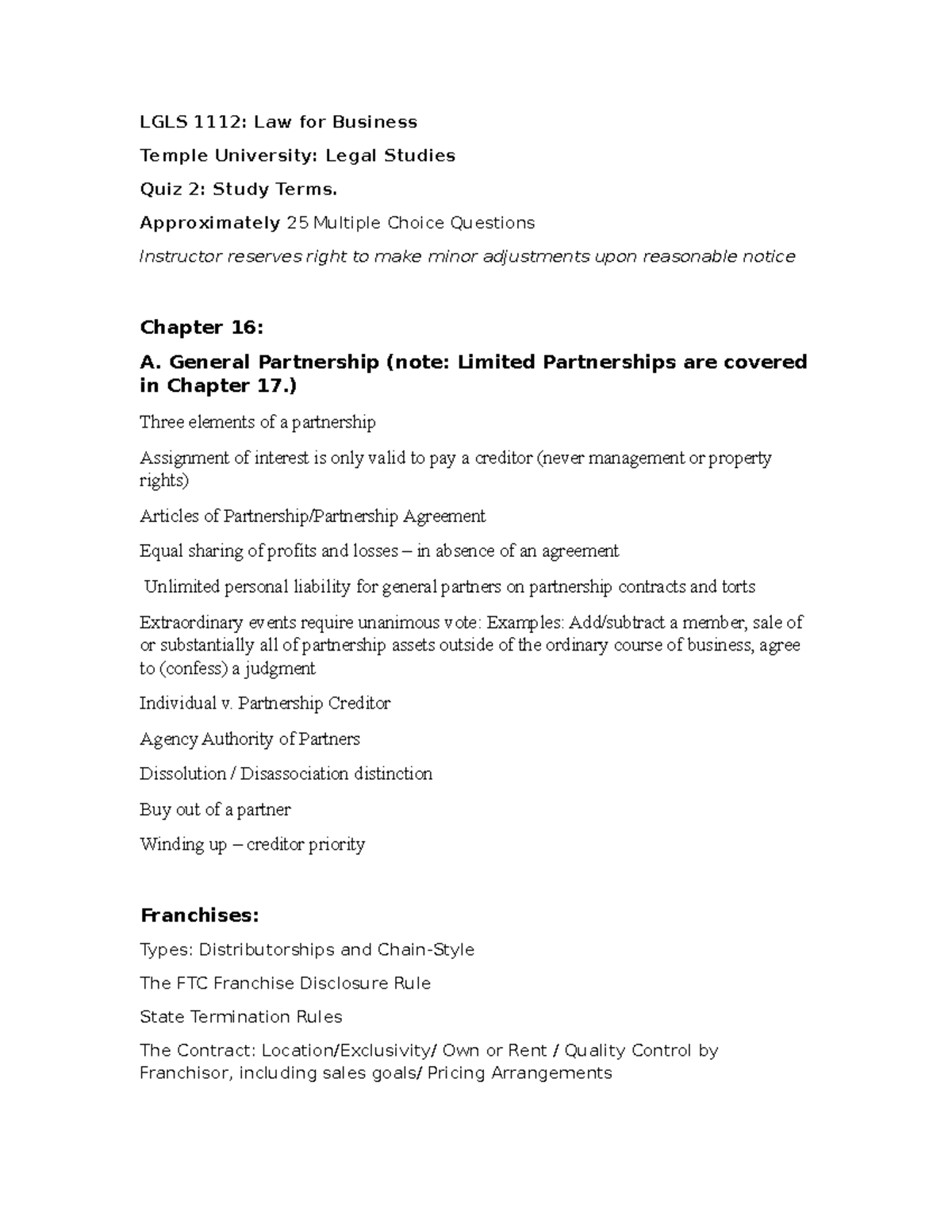 LGLS 1112 Quiz 2 Study Terms 2022 - LGLS 1112: Law for Business Temple ...