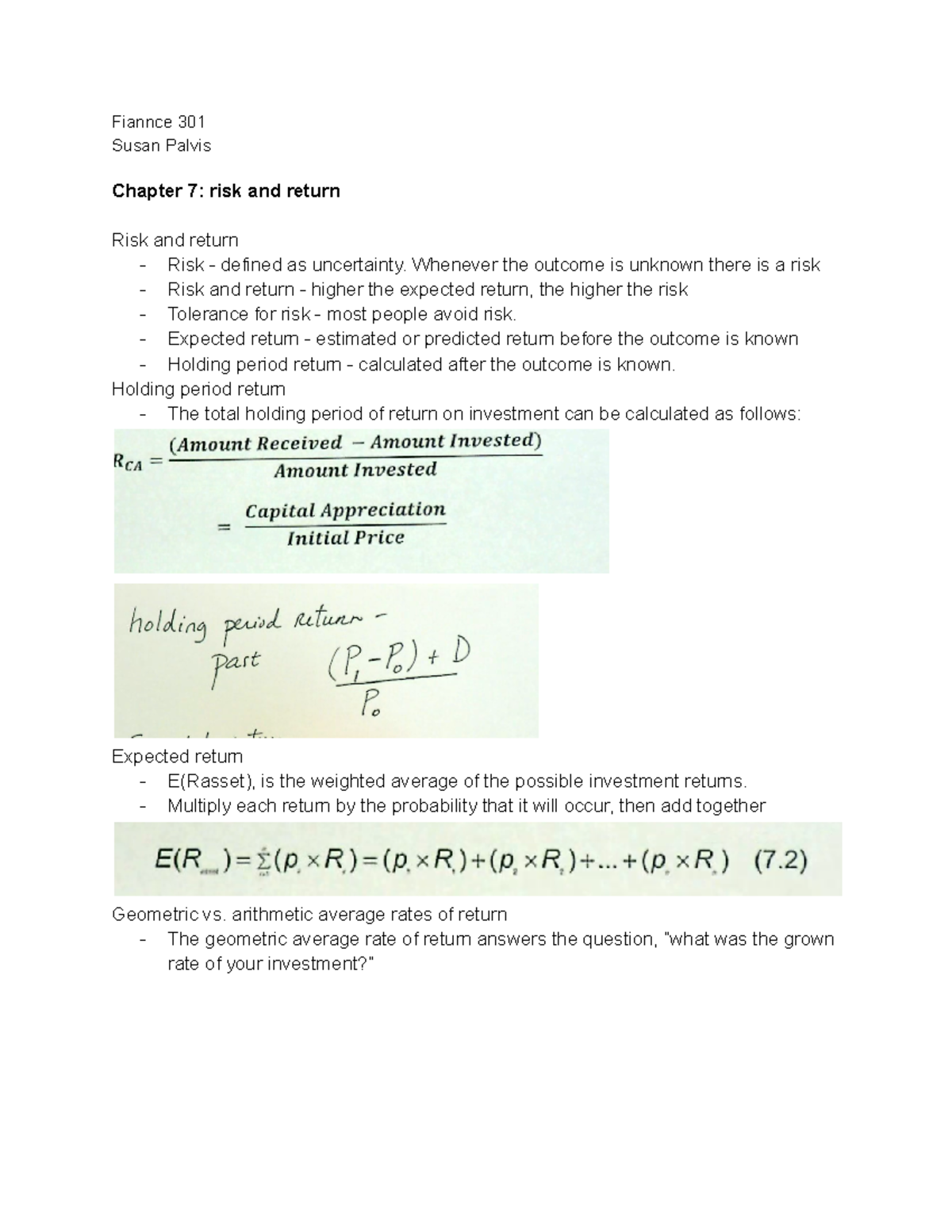 Finance 301 Chapter 7 Notes - Fiannce 301 Susan Palvis Chapter 7: risk ...