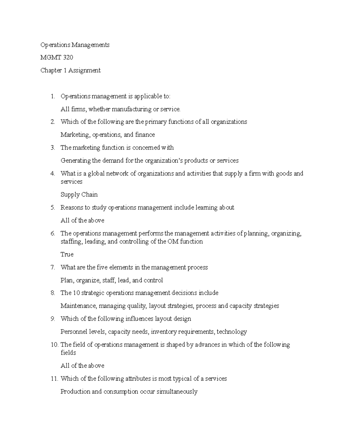 MGMT 320 Ch. 1 HW - notes for operations management homework from ...