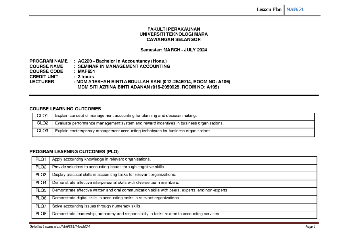 MAF651 Lesson PLAN MAC 2024 - FAKULTI PERAKAUNAN UNIVERSITI TEKNOLOGI ...