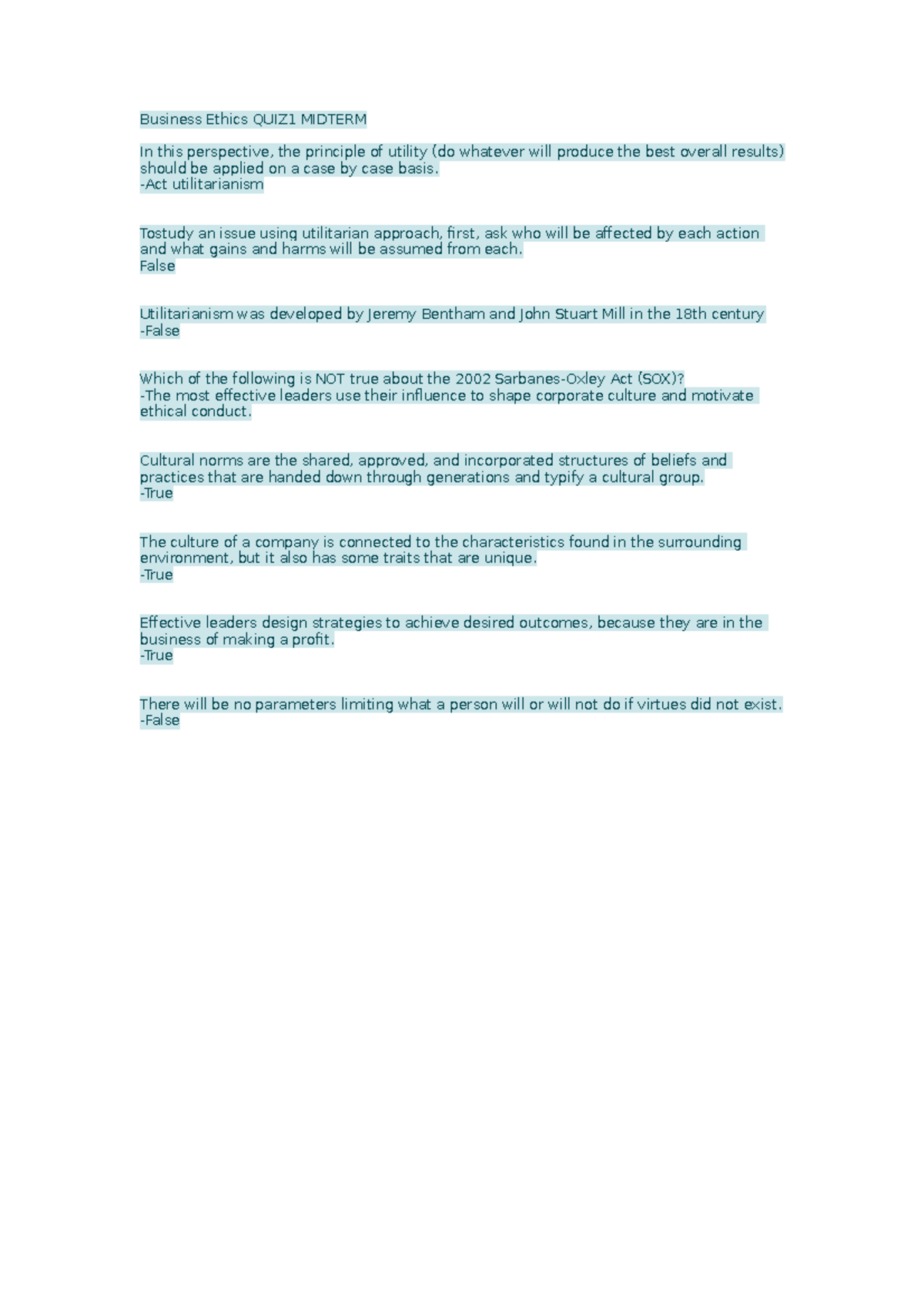 Business Ethics QUIZ1 Midterm - Business Ethics QUIZ1 MIDTERM In this ...