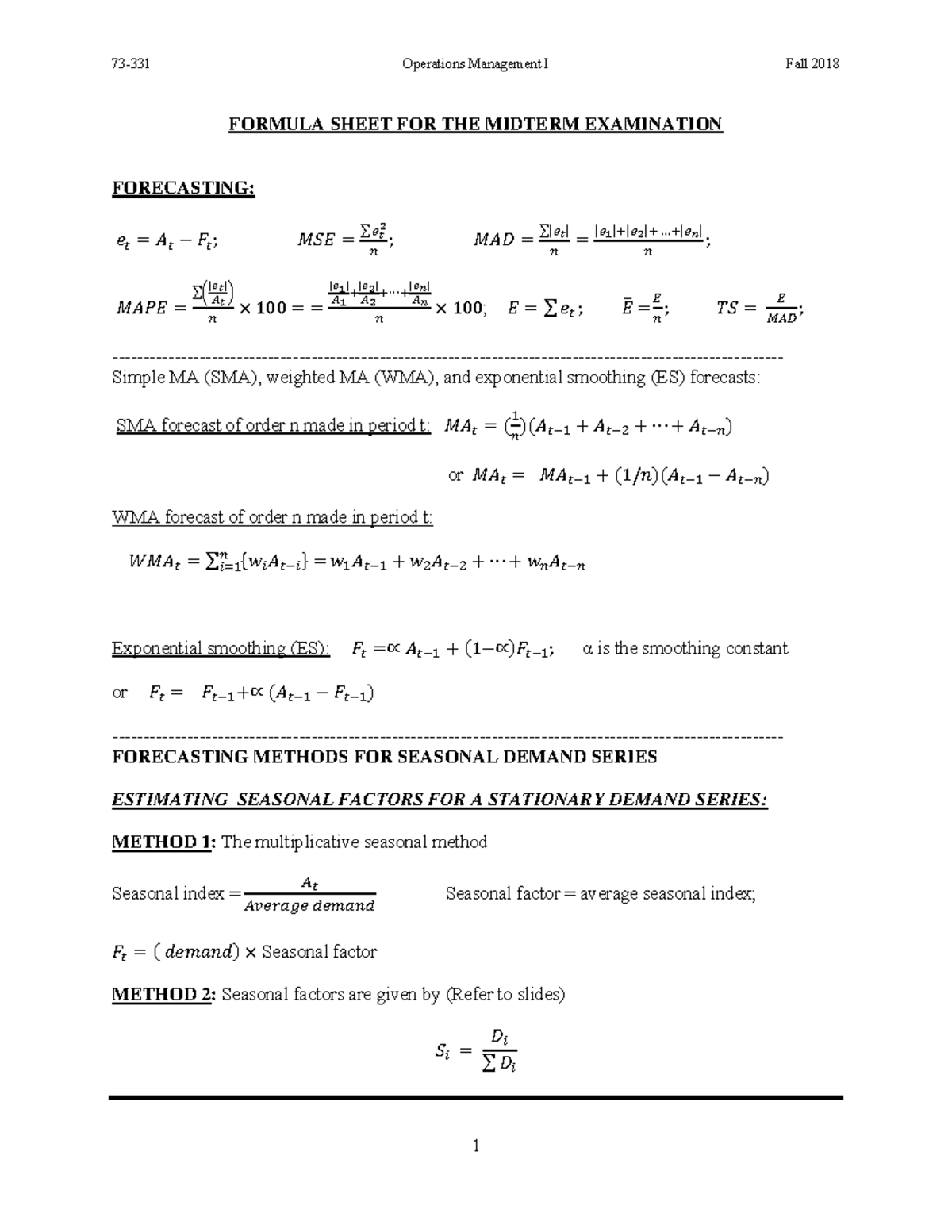Formula Sheet FOR THE Midterm Examination Fall 2018 - 73-331 Operations ...
