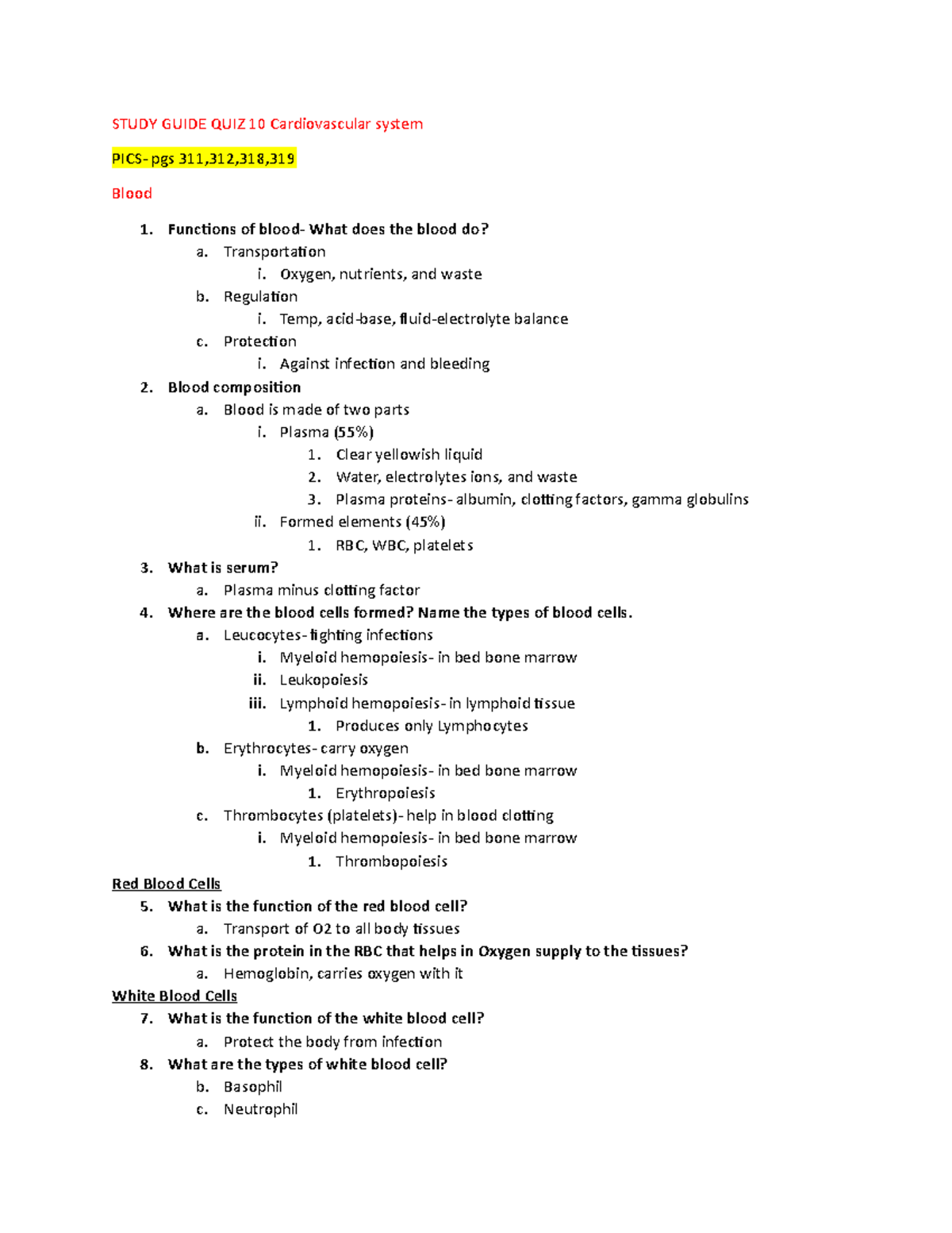 STUDY GUIDE QUIZ 10 Cardiovascular system - Functions of blood- What ...