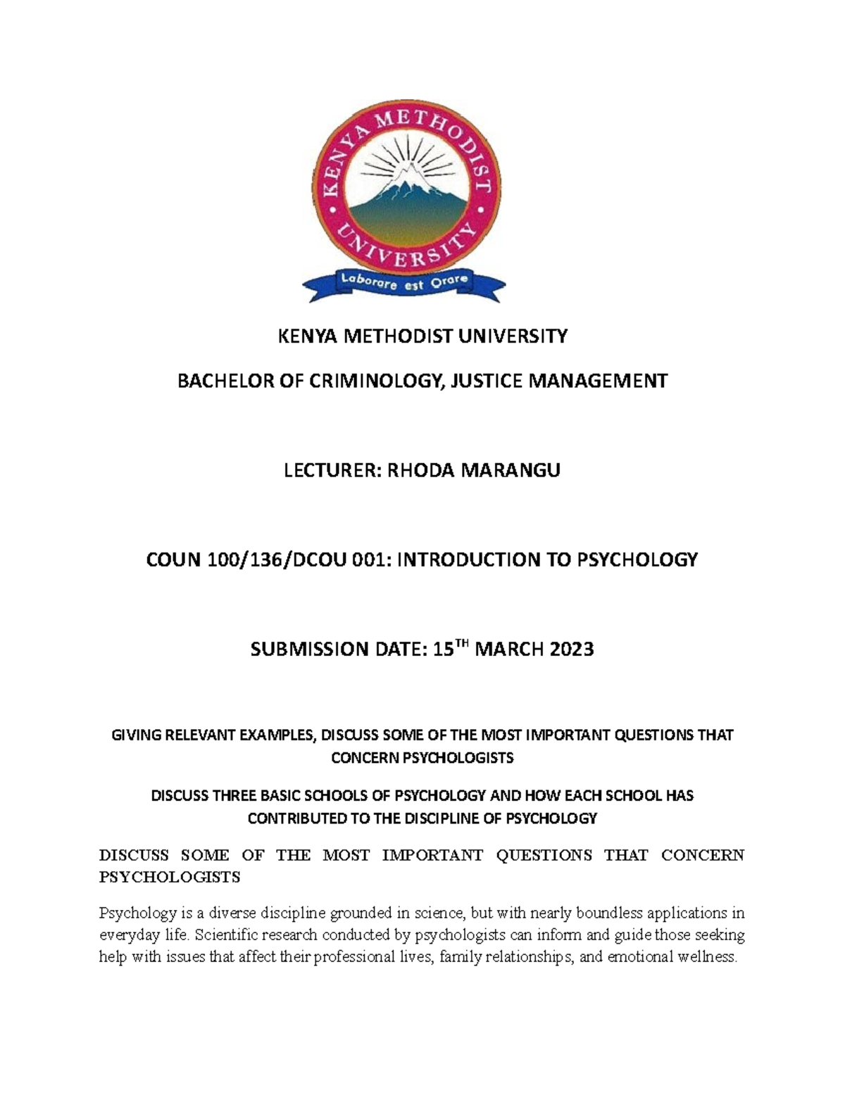 DCOU 0012 - The most asked questions by psychologist - KENYA METHODIST ...