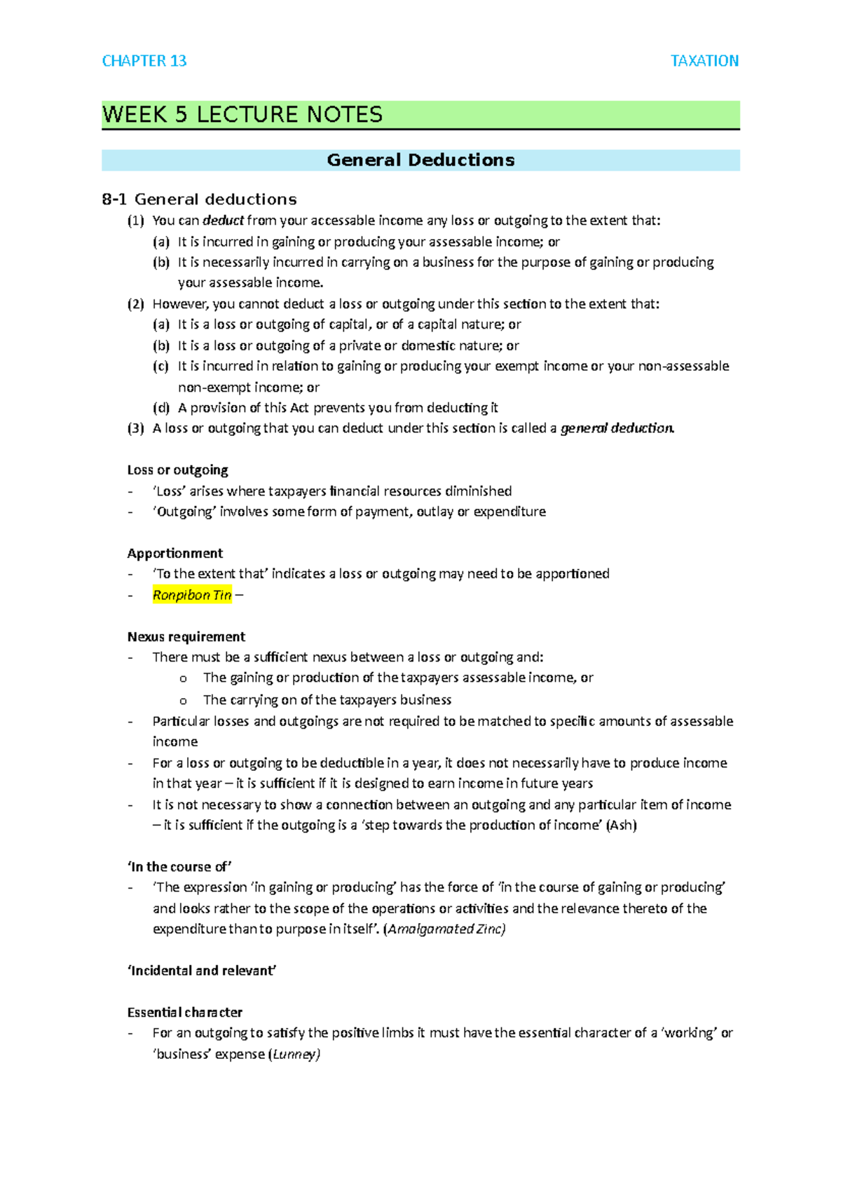 Week 5 - Notes - WEEK 5 LECTURE NOTES General Deductions 8-1 General ...