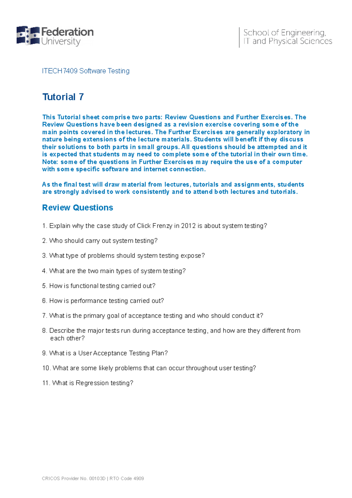 ITECH7409 Tutorial 07 - good - ITECH7409 Software Testing Tutorial 7 ...