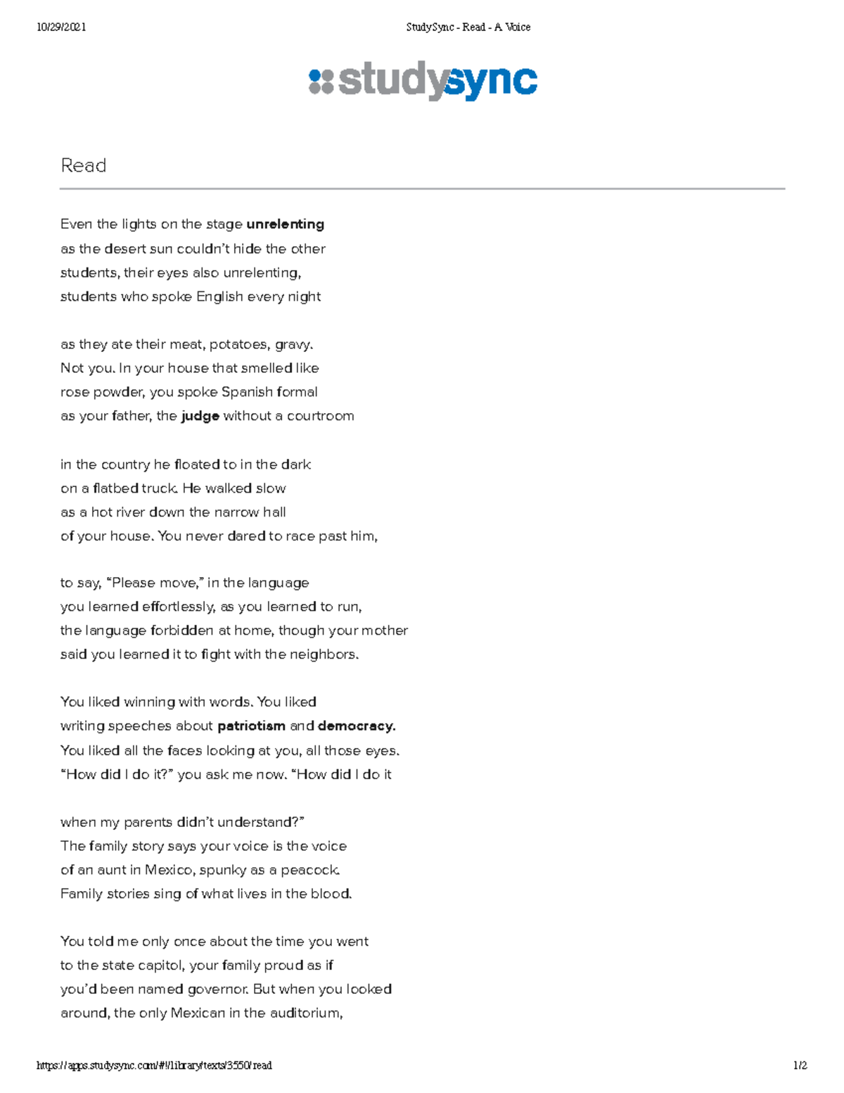 Text Study Sync copy - 10/29/2021 StudySync - Read - A Voice - Studocu