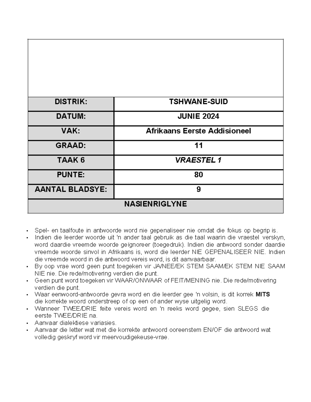2024-06 AFR EAT V1 GR 11 Junie Nasienriglyne - DISTRIK: TSHWANE-SUID DATUM: JUNIE 2024 VAK ...