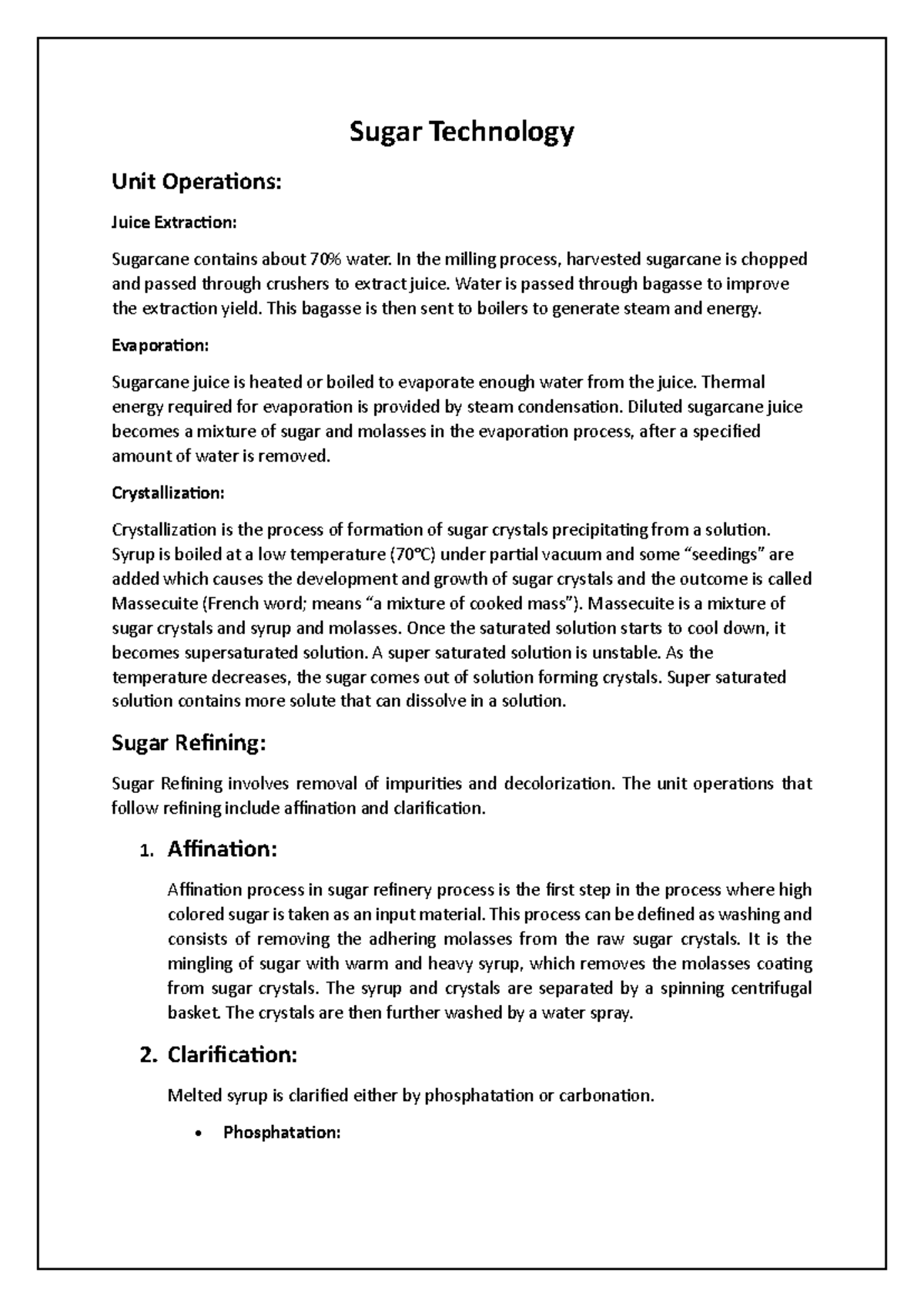 Sugar Technology Final Term - Sugar Technology Unit Operations: Juice Extraction: Sugarcane ...