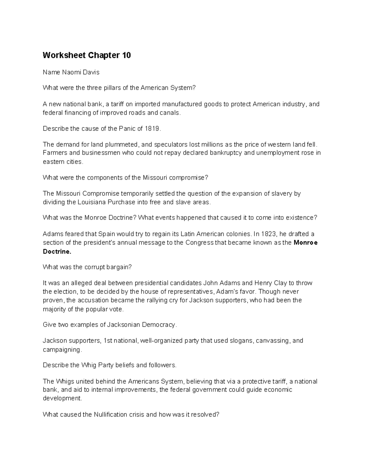 Worksheet Chapter 10 - Panic of 1819, Jacksonian Democracy, and ...