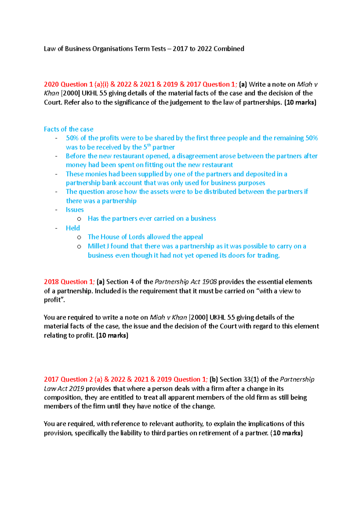 Law of Business Organisations Term Tests - Refer also to the ...