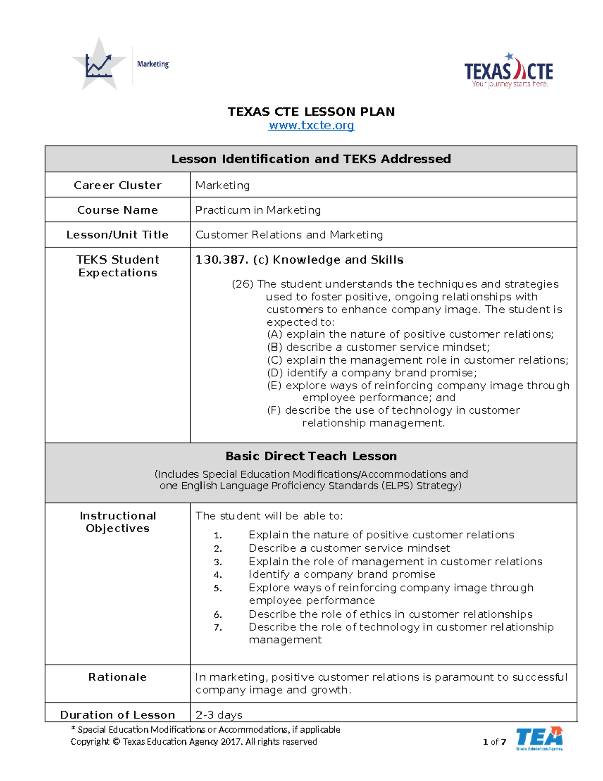 Lesson Plan Customer Relations and Marketing - TEXAS CTE LESSON PLAN ...