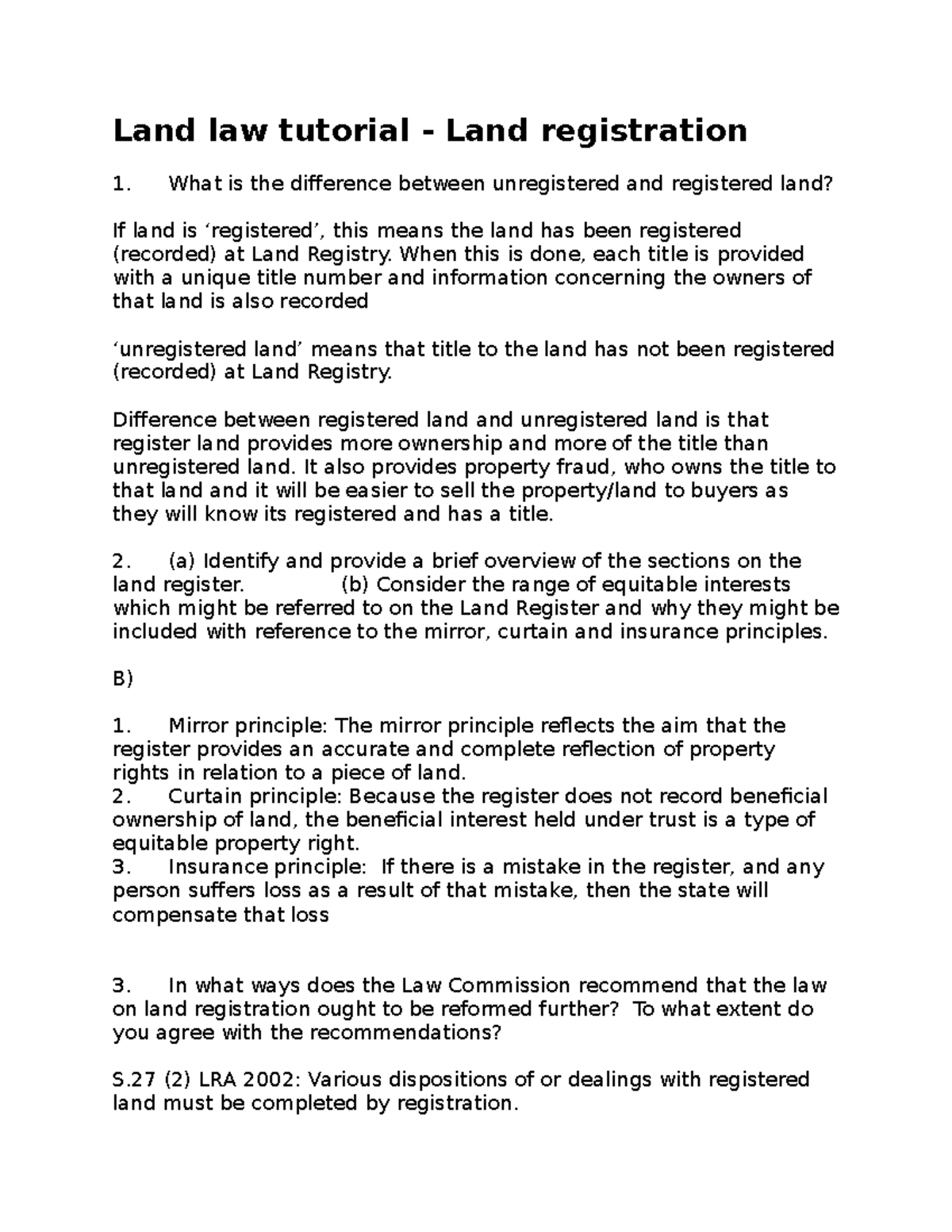 Land law tutorial - Land registration - When this is done, each title ...