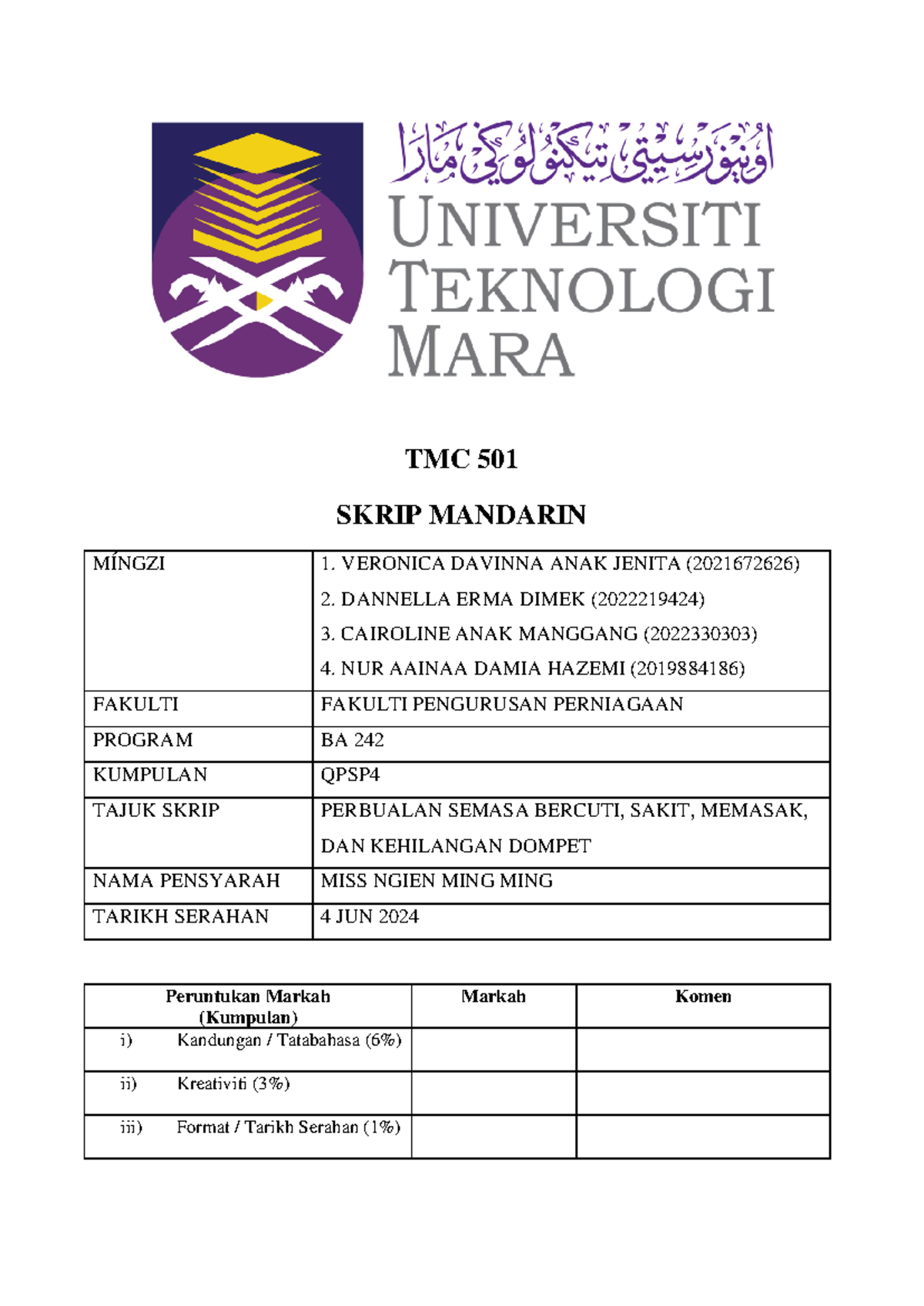 TMC role play script (Veronica Davinna) QAMA4 (GRP 8) - TMC 501 SKRIP MANDARIN MÍNGZI 1 ...