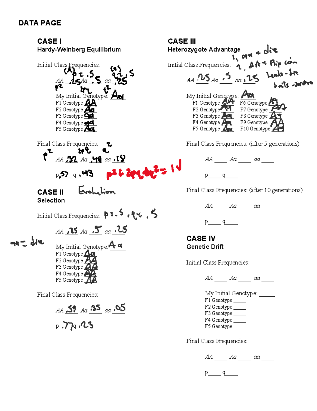 Hardy Weinberg Lab Individual Data Sheet - DATA PAGE CASE I Hardy ...