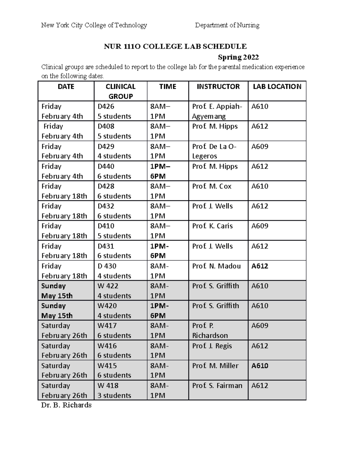 5 NUR 1110 College Lab schedule Spring 2022 - New York City College of ...