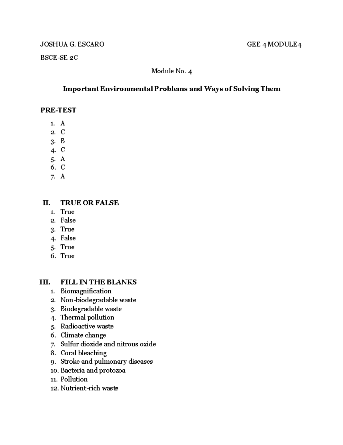Environmental Science Module 4 ( Escaro, Joshua G. BSCE-2C) - JOSHUA G ...