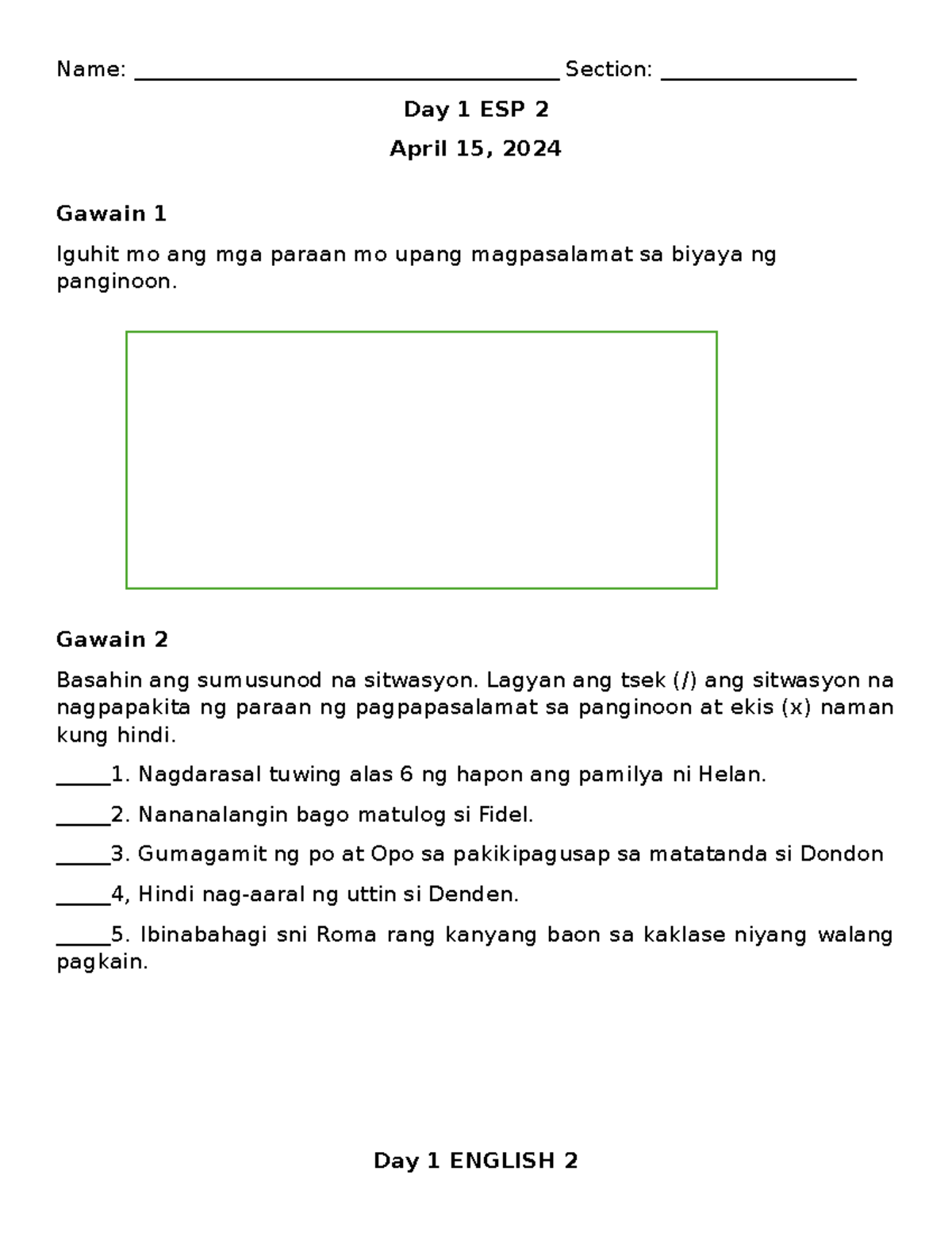 Grade 2 Day 1 Activities - Name ...