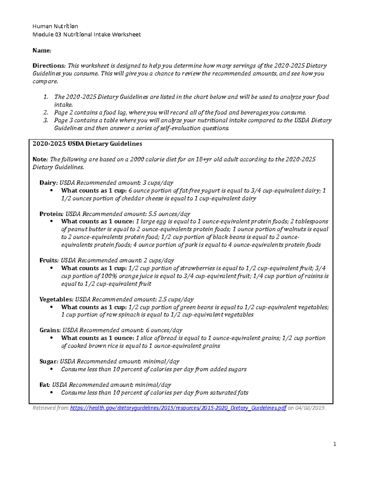 HUN2000 fw Mod03 Nutritional Intake Worksheet - Human Nutrition Module ...