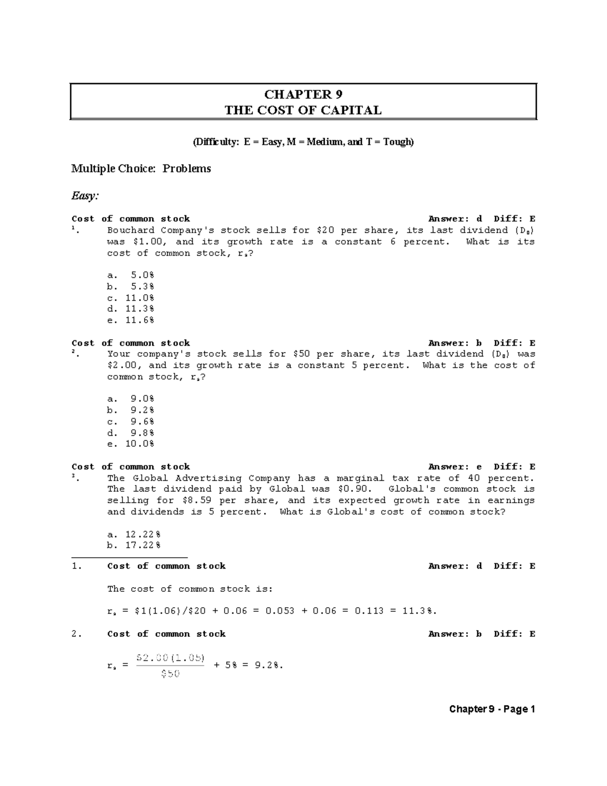 Cost-of-Capital - practice exercise - CHAPTER 9 THE COST OF CAPITAL (Difficulty: E = Easy, M ...