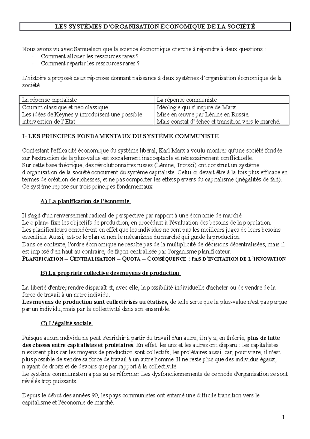 Les systèmes éco cours - LES SYSTÈMES D’ORGANISATION ÉCONOMIQUE DE LA ...