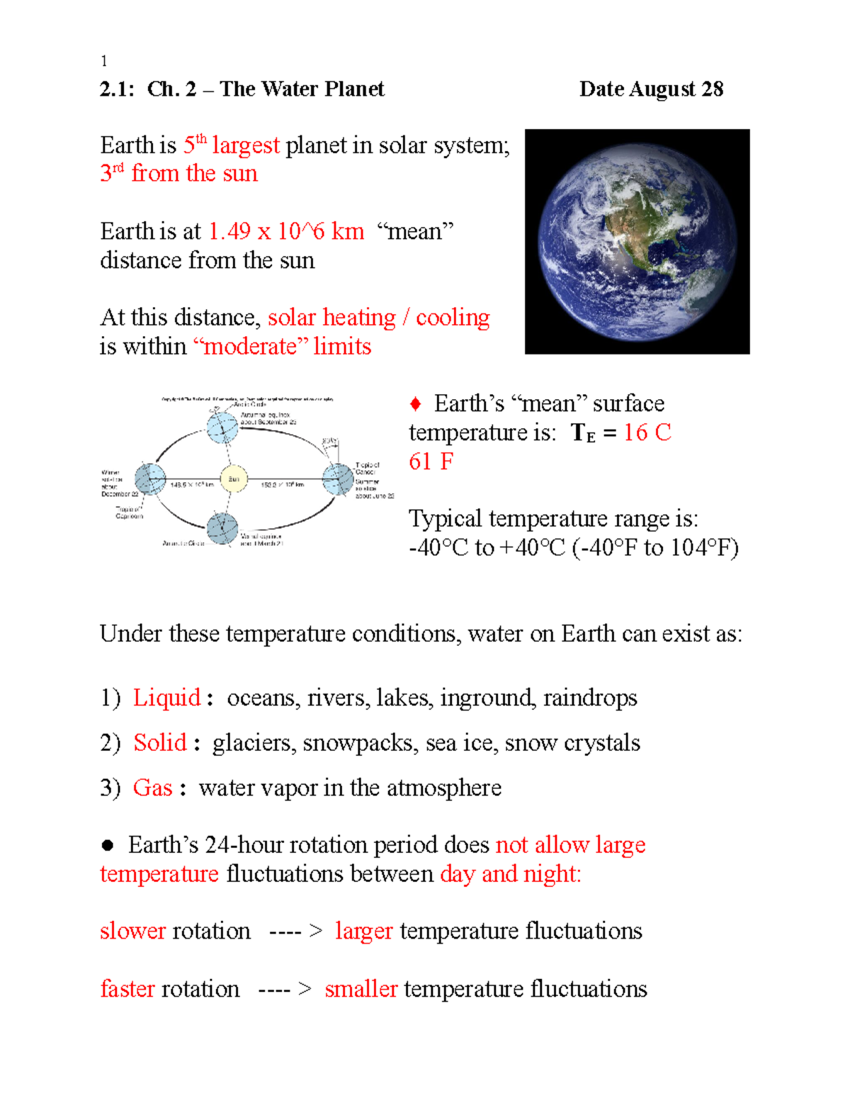 August 28 - Notes from UAlbany class - 1 2: Ch. 2 – The Water Planet ...