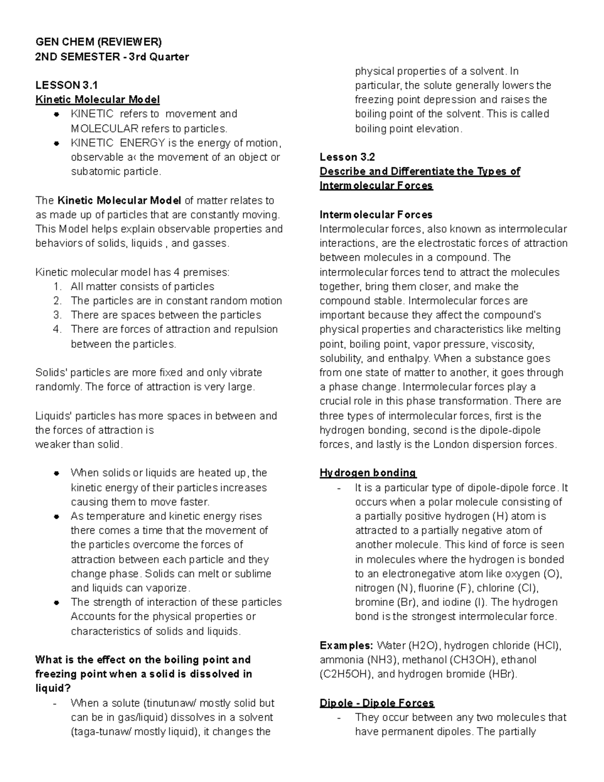 CHEM- Reviewer - 2ND SEMESTER - 3rd Quarter LESSON 3. Kinetic Molecular ...