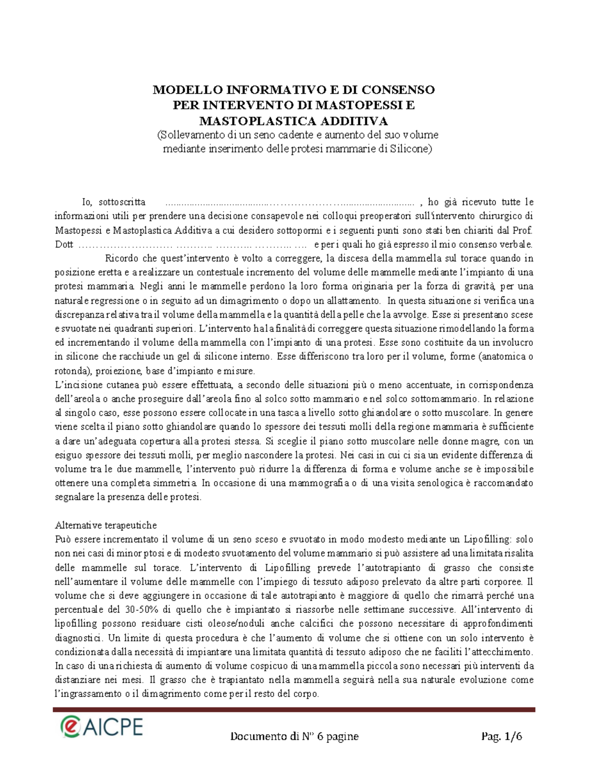 Mastopessi E Mastoplastica Additiva - MODELLO INFORMATIVO E DI CONSENSO ...