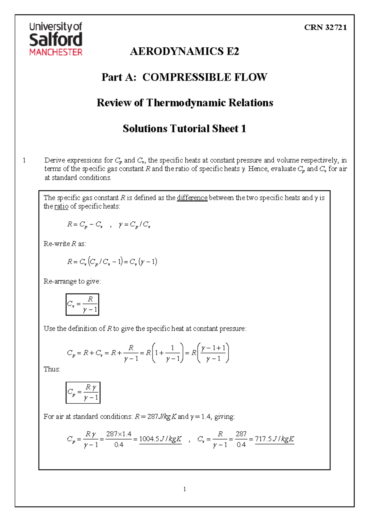 Solutions Tutorial Sheet 1 - CRN 32721 AERODYNAMICS E2 Part A ...