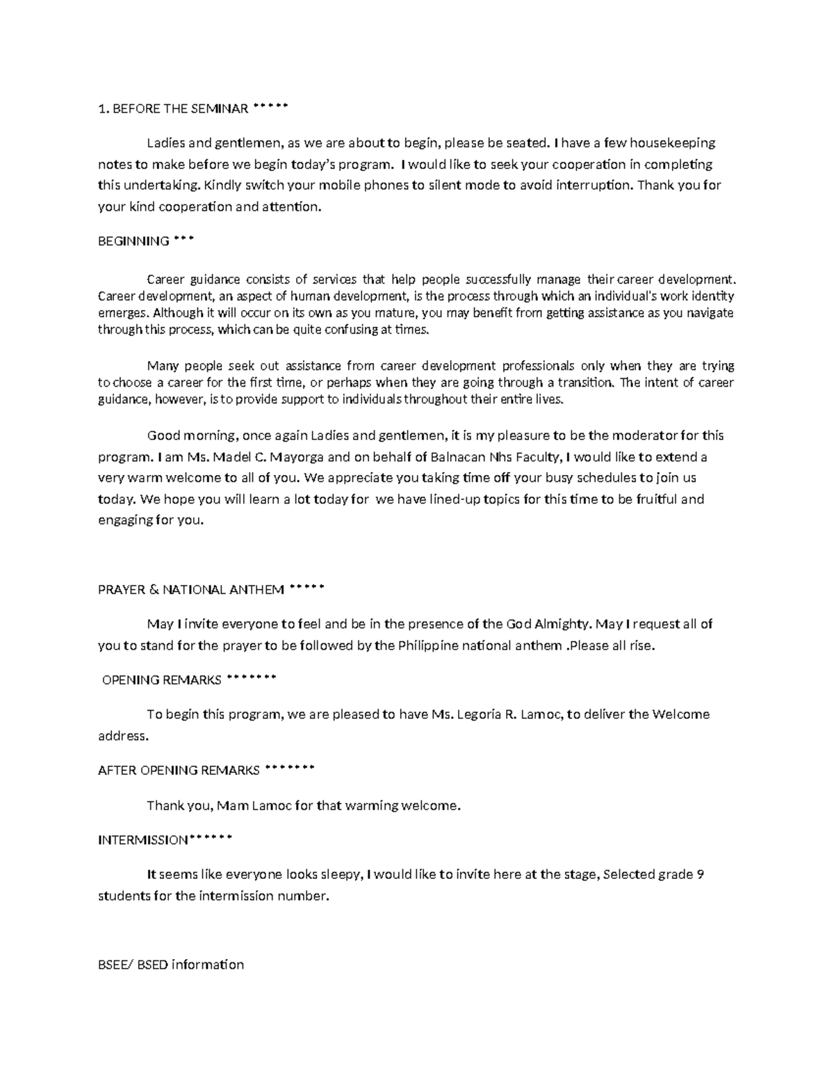 script for emcee career guidance program docx - 1. BEFORE THE SEMINAR ...