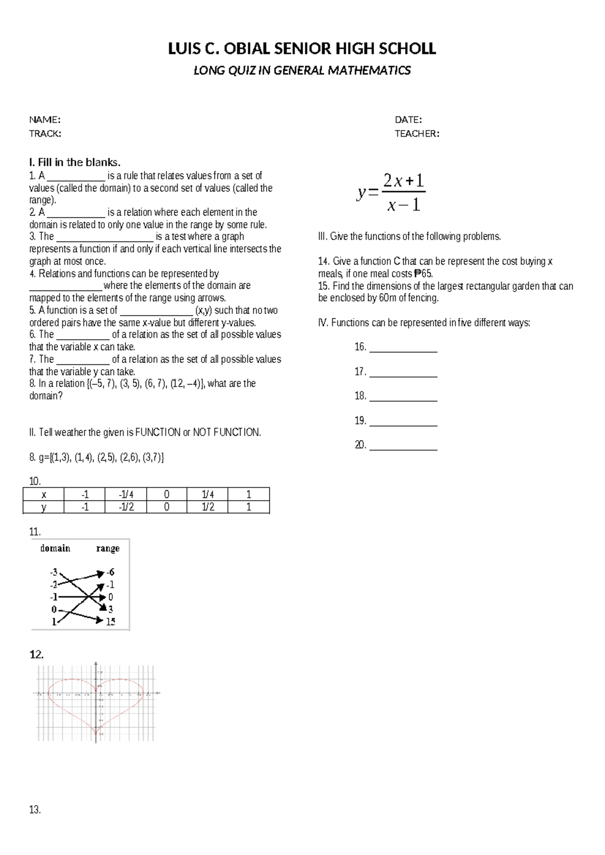 LONG QUIZ 1 Generalmath - LUIS C. OBIAL SENIOR HIGH SCHOLL LONG QUIZ IN ...