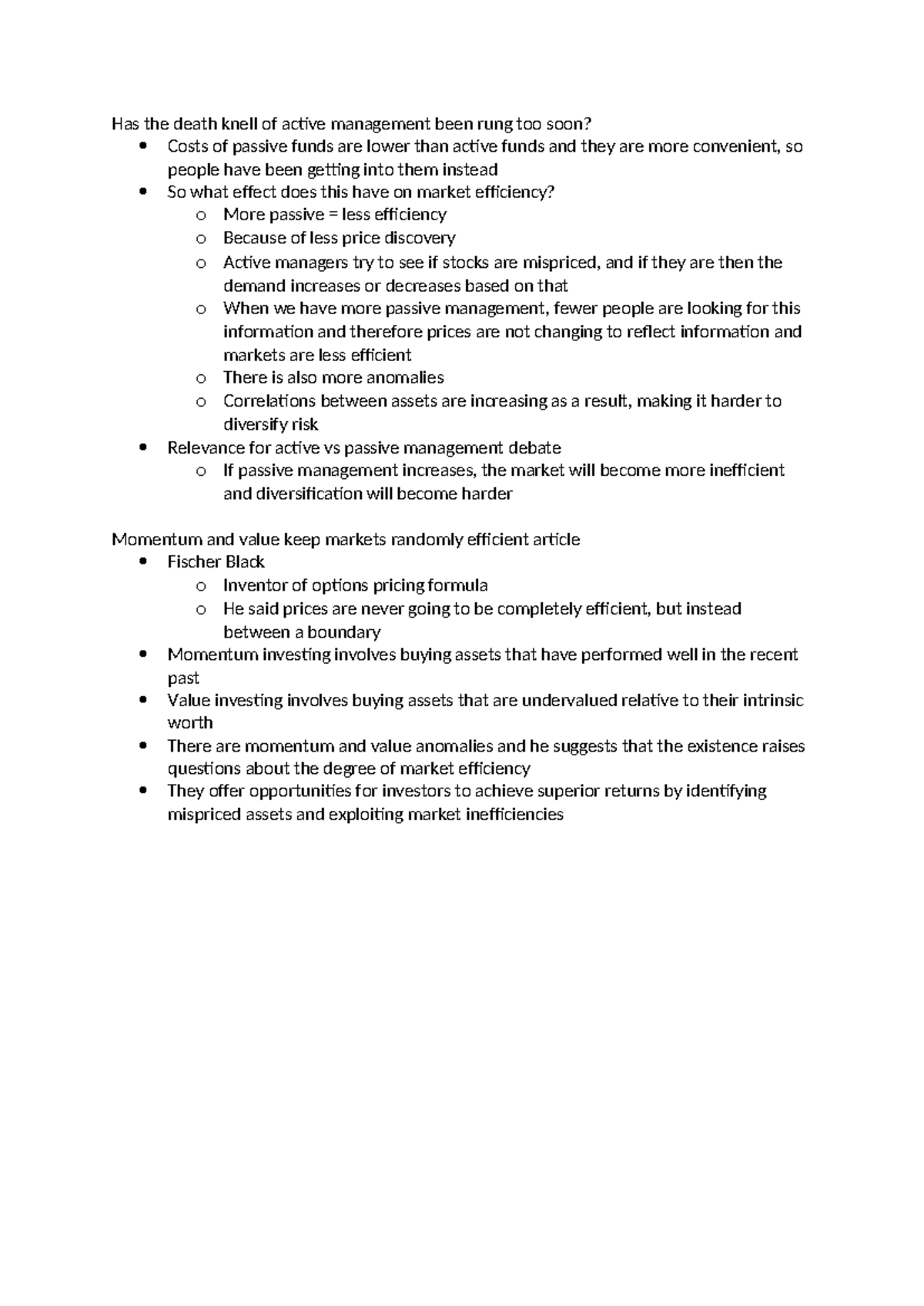 Week 4 notes - Has the death knell of active management been rung too ...
