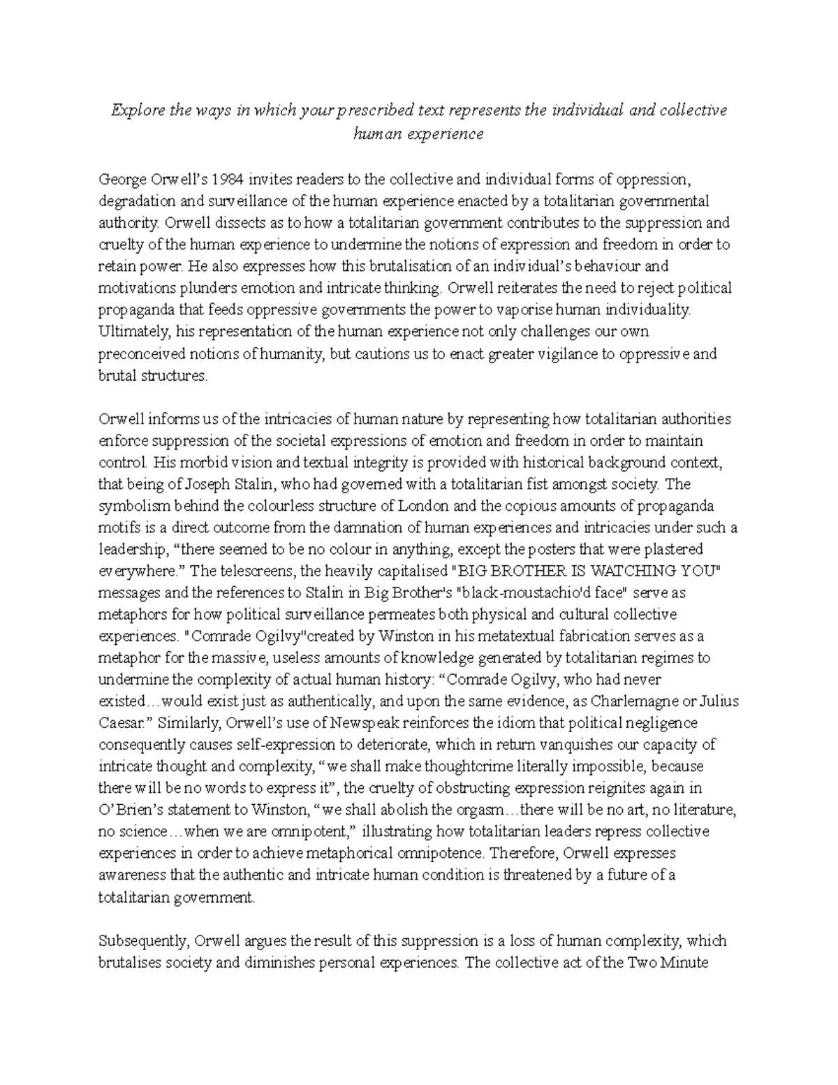 George Orwell 1984 Human Experiences Essay - Explore the ways in which ...