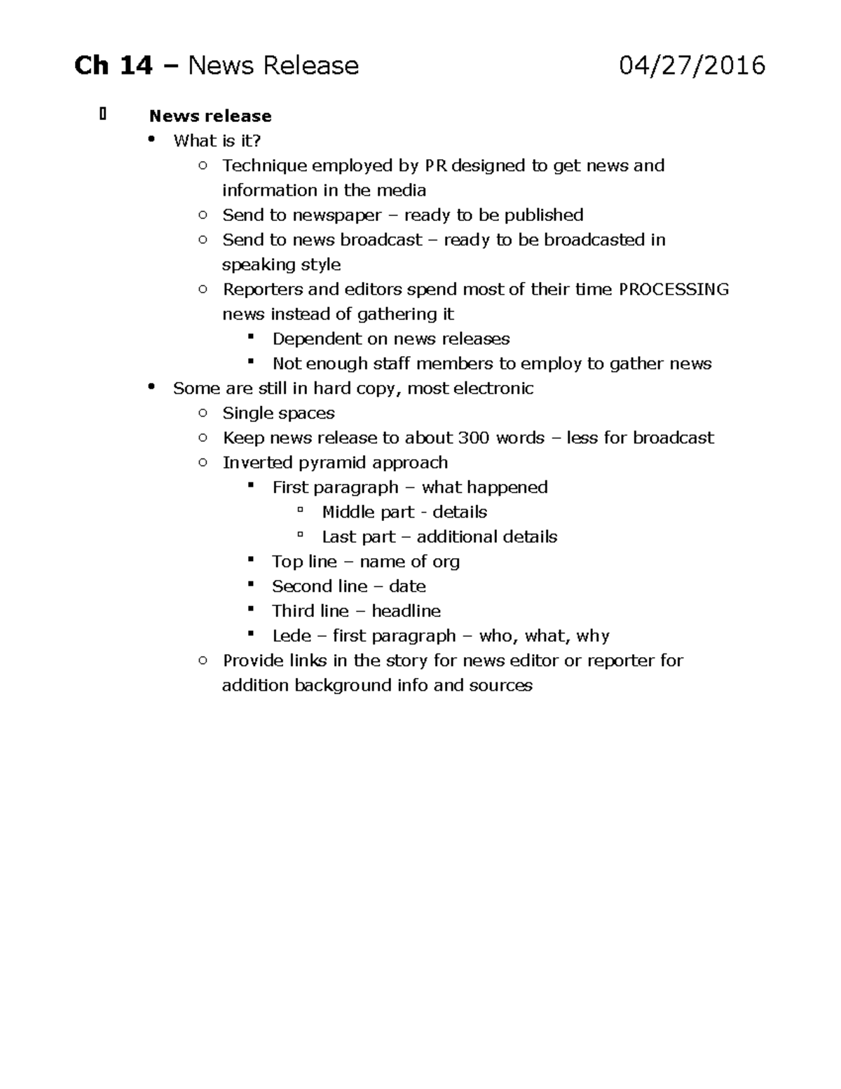 Ch 14- PR 3310 - Ch 14 – News Release 04/27/2016 News release What is ...