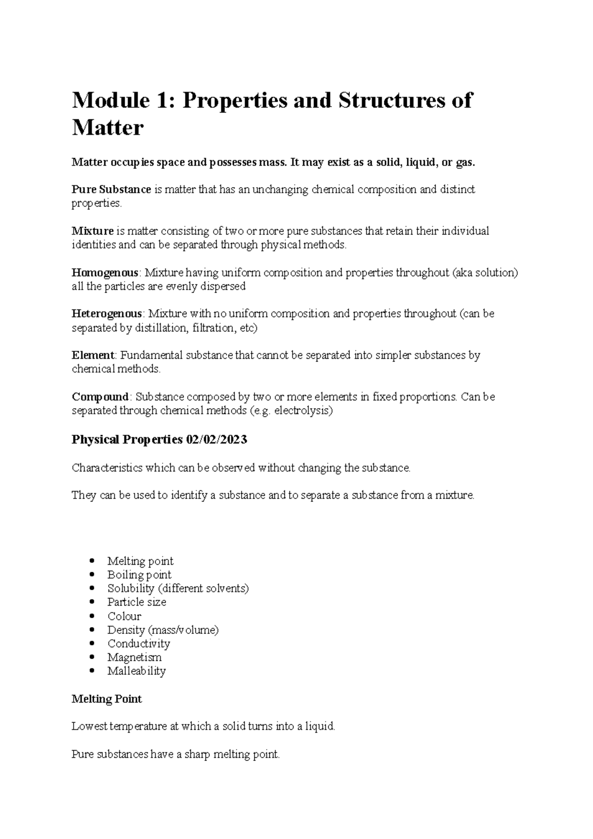 Module 1 - notes - Module 1: Properties and Structures of Matter Matter ...