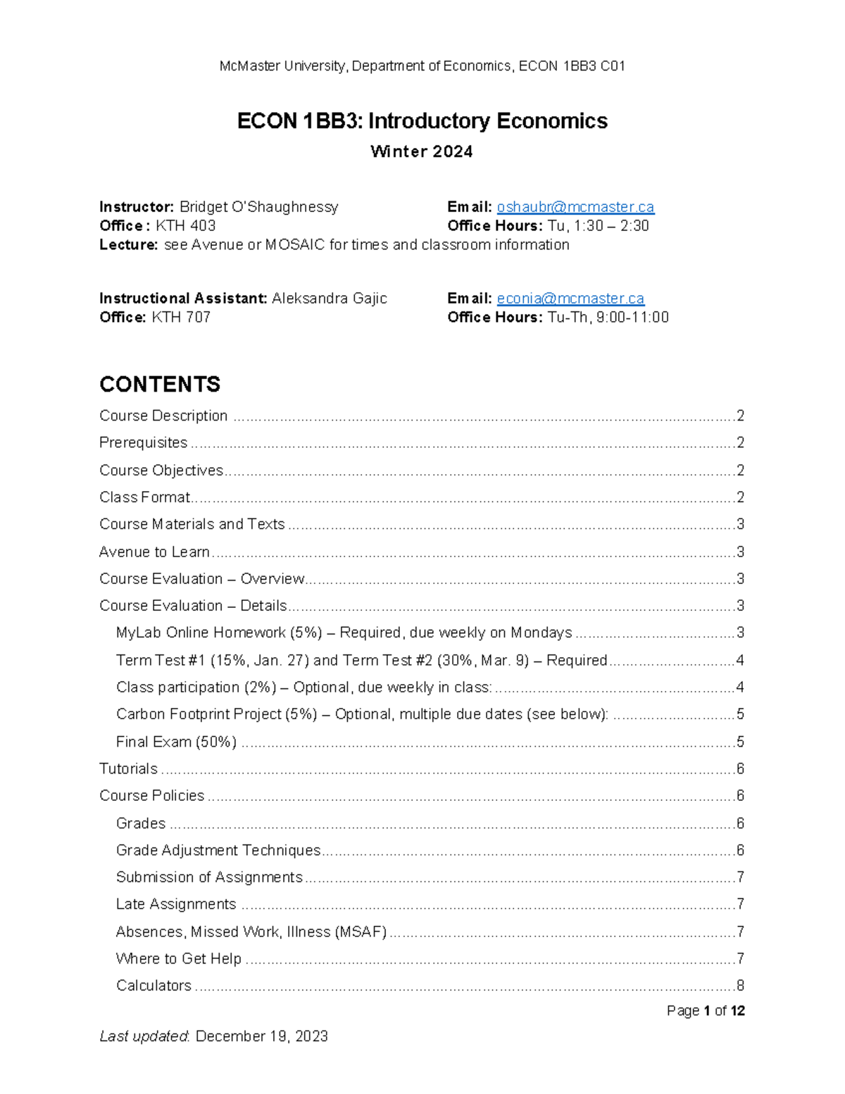 ECON 1BB3 C01 Blended Outline W24 - B. O'Shaugnessy - ECON 1BB3 ...