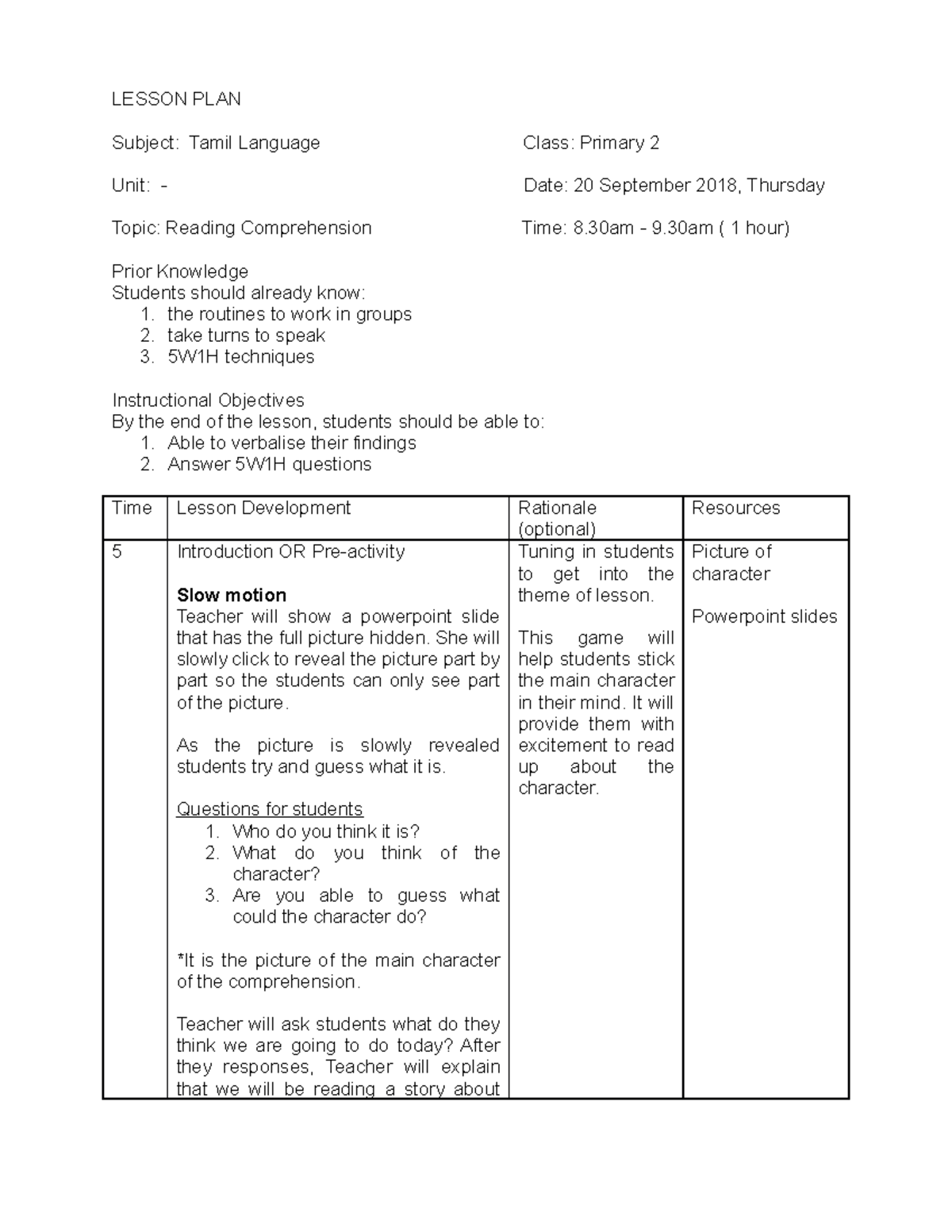 P2 Tamil Comprehension Lesson Plan LESSON PLAN Subject Tamil