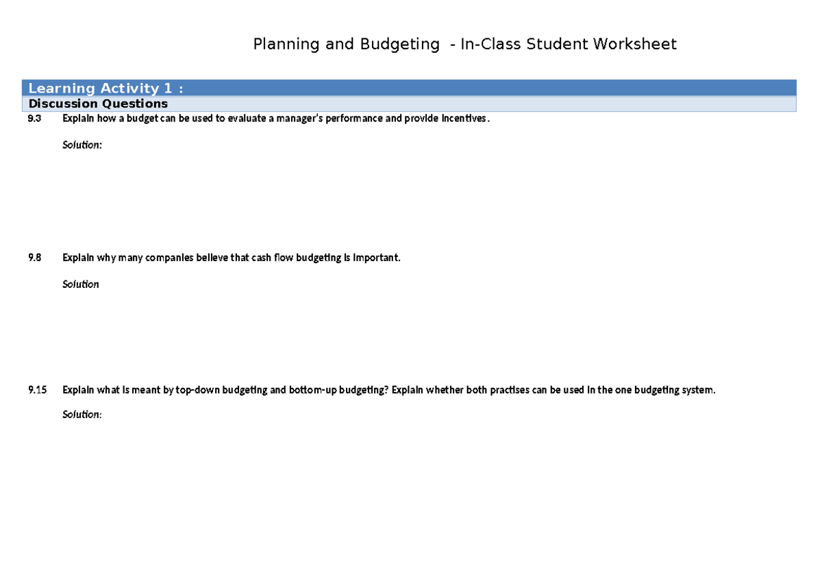 Budgeting Workshop Questions 1 - Planning and Budgeting - In-Class ...