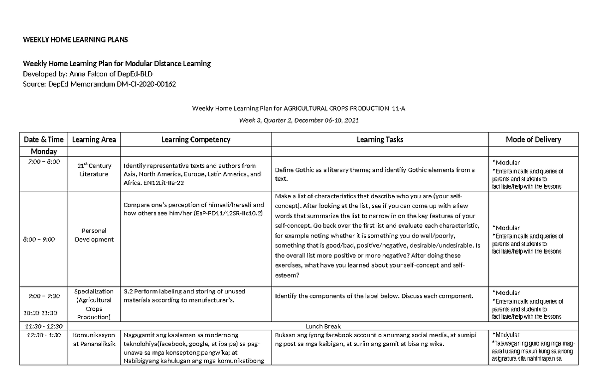 WEEK 3- WEEKLY HOME LEARNING PLAN (WHLP) is essential for guiding ...