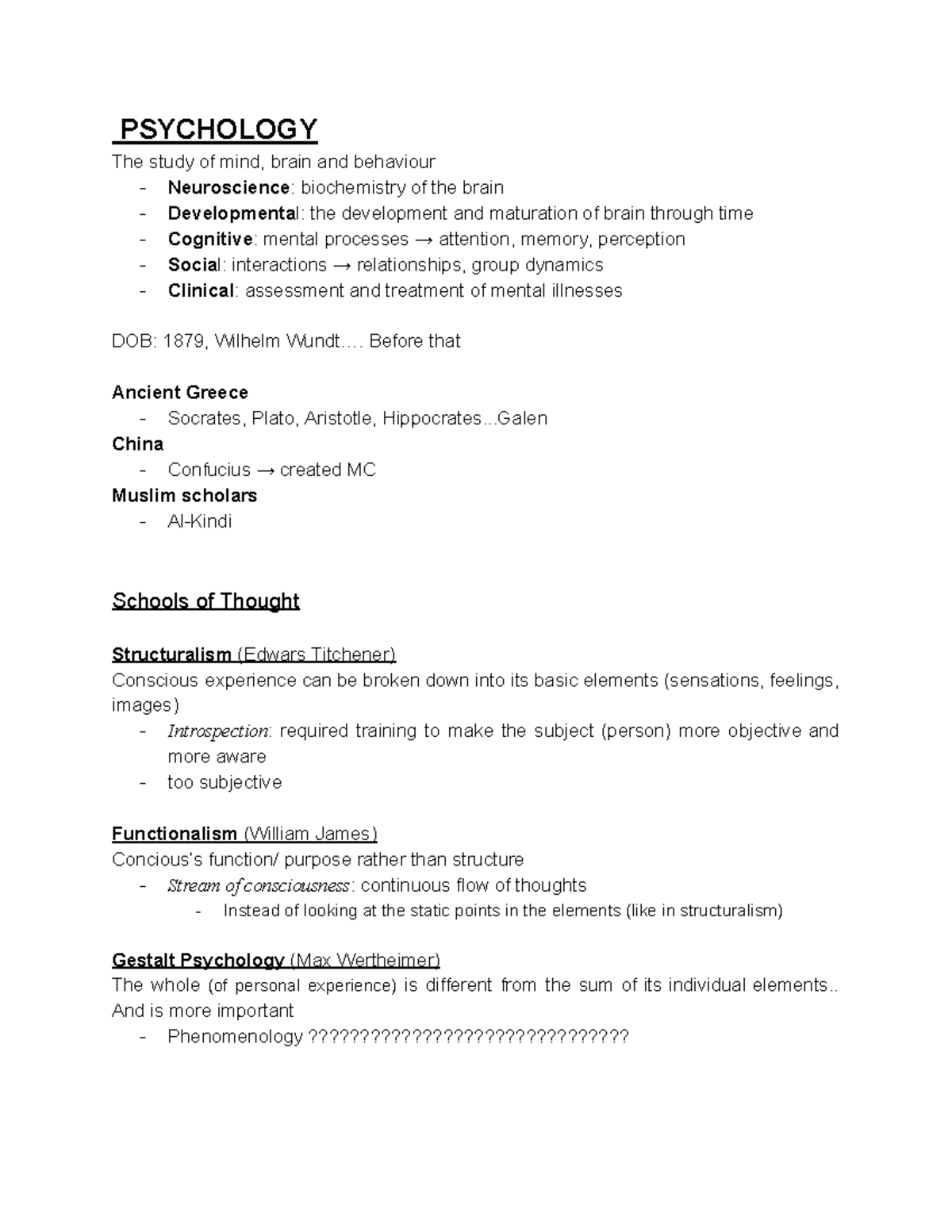 Introduction to Psychology- Lecture notes 1-4 - PSYCHOLOGY The study of ...