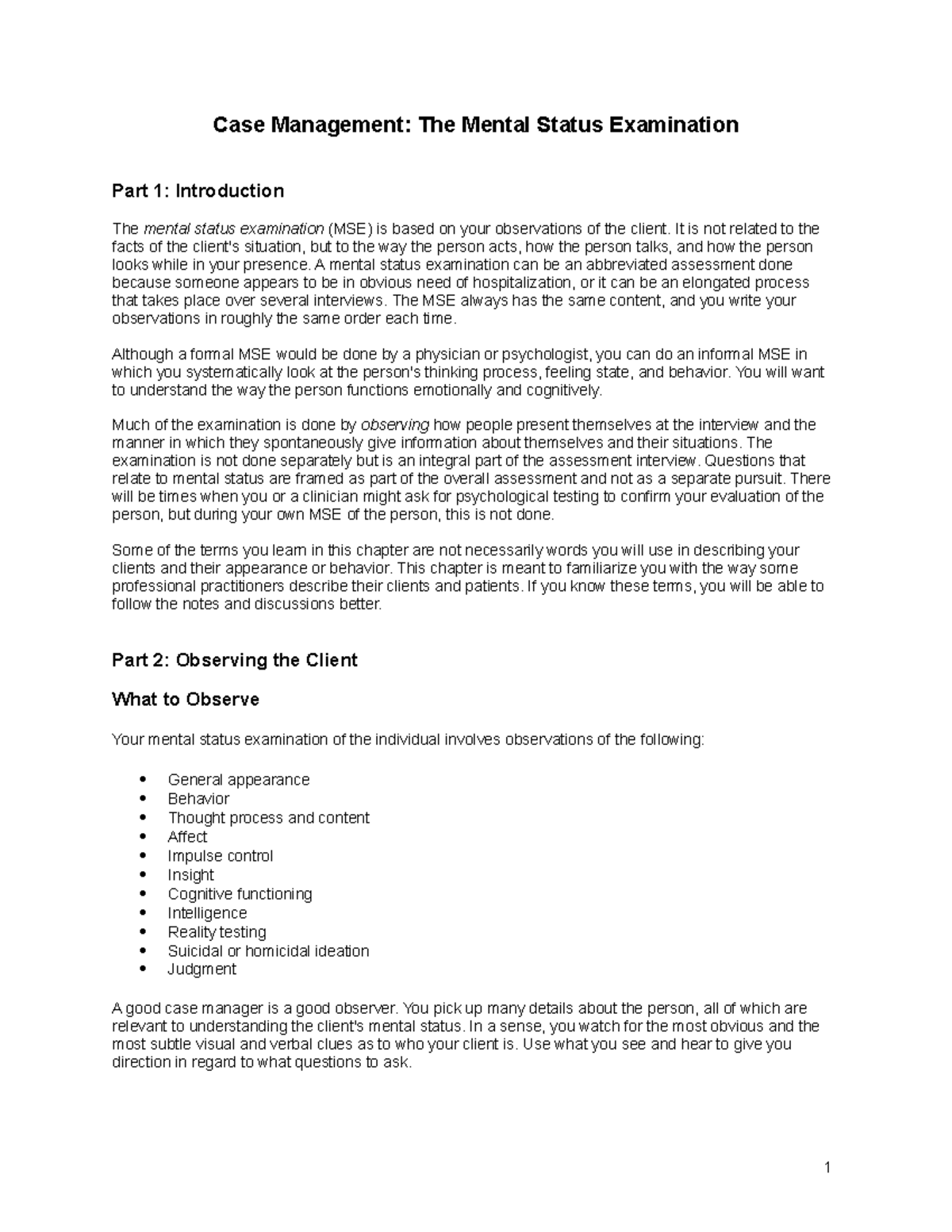 Mental Status Exam Outline - Case Management: The Mental Status ...