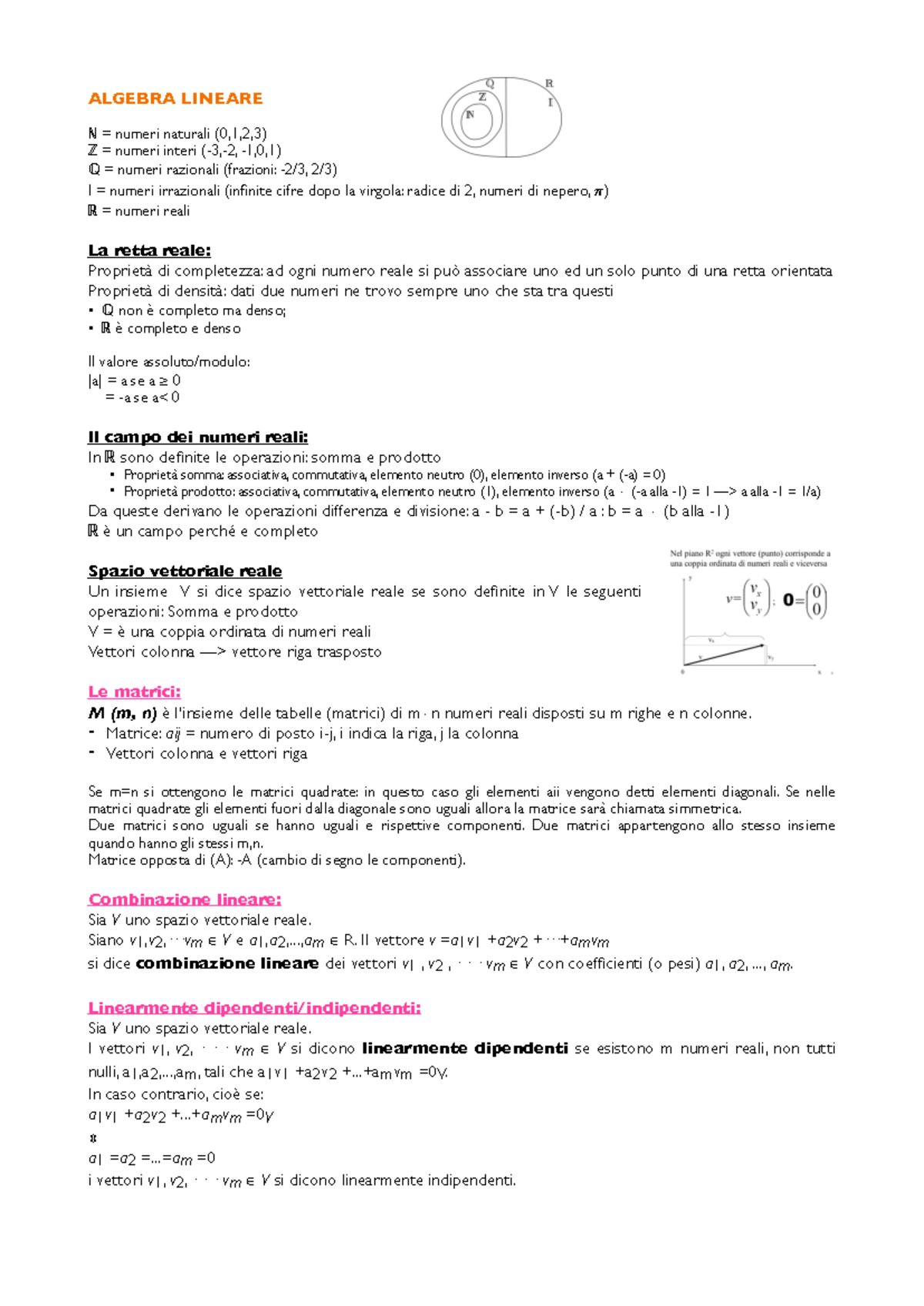 Schema matematica - Riassuntivo di formule e concetti base - ALGEBRA LINEARE ℕ = numeri naturali ...