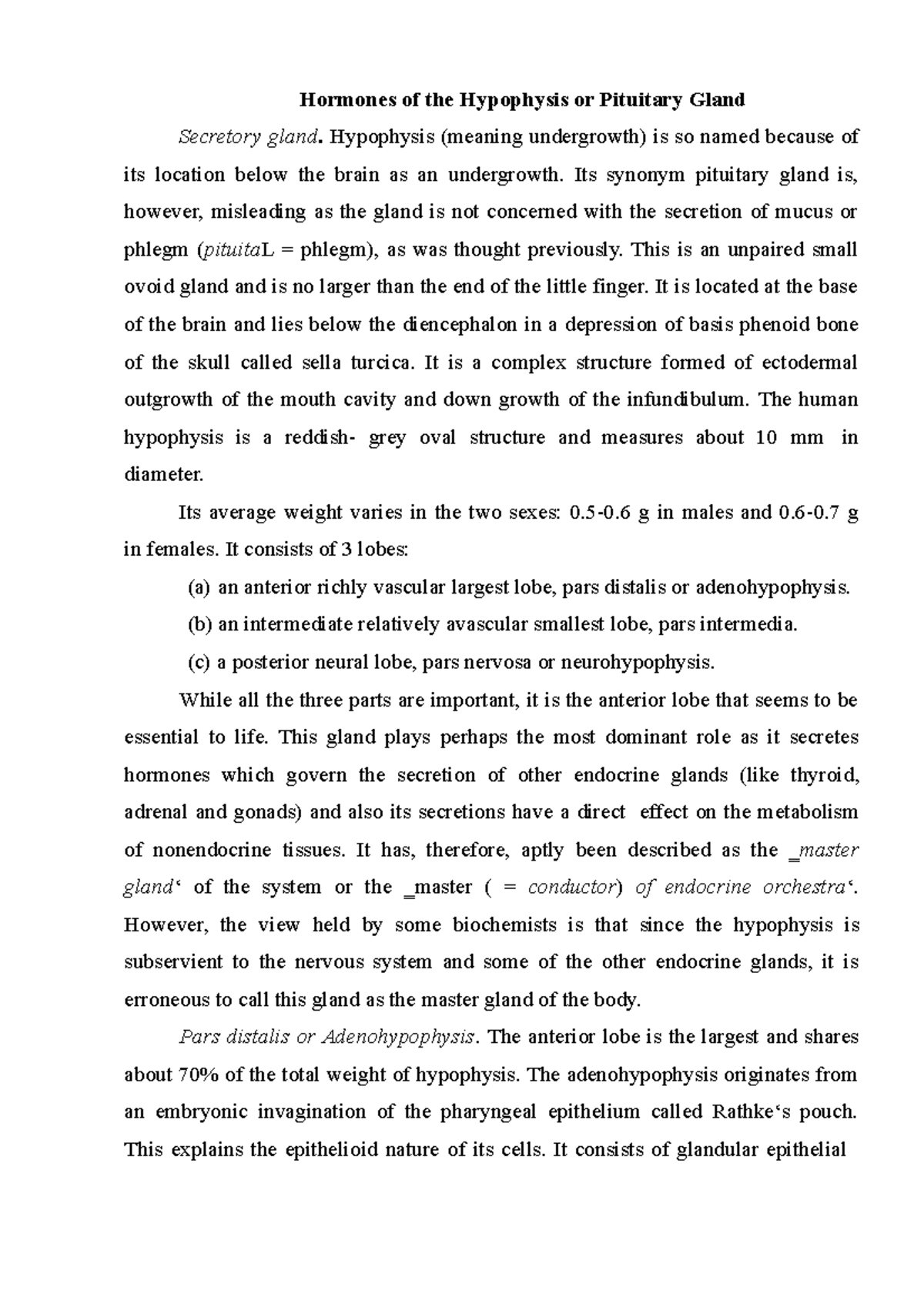 Hormones of the Hypophysis or Pituitary Gland - Hormones of the ...