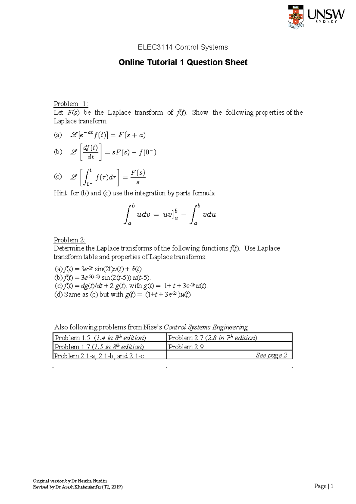 Online Tutorial 1 questions - ELEC3114 Control Systems Online Tutorial ...